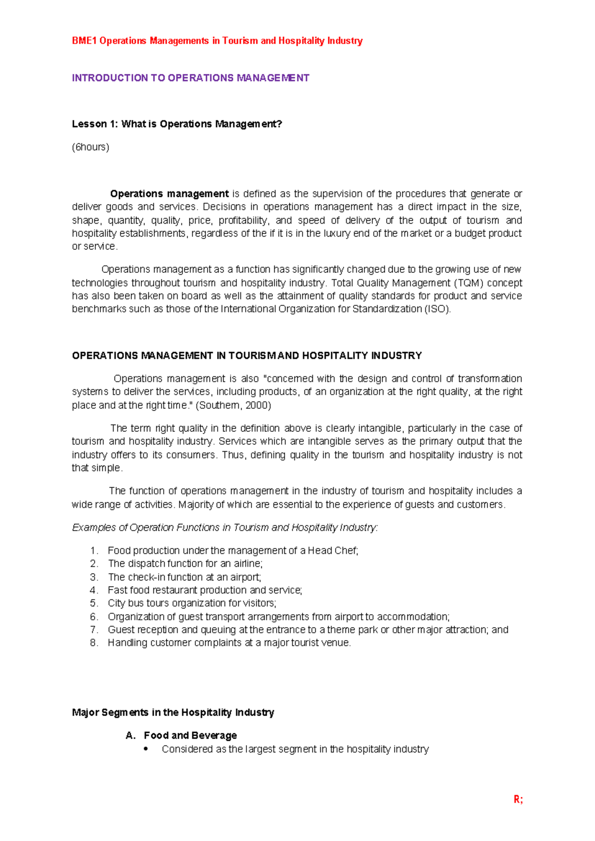 BME1 Operations Management in Tourism & Hospitality: Lesson 1 Overview ...