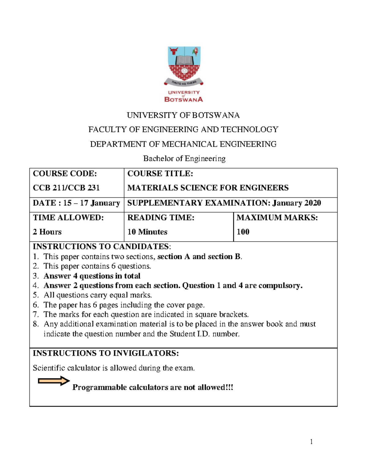 CCB 231 Supplementary Exam Solutions: Materials Science for Engineers ...