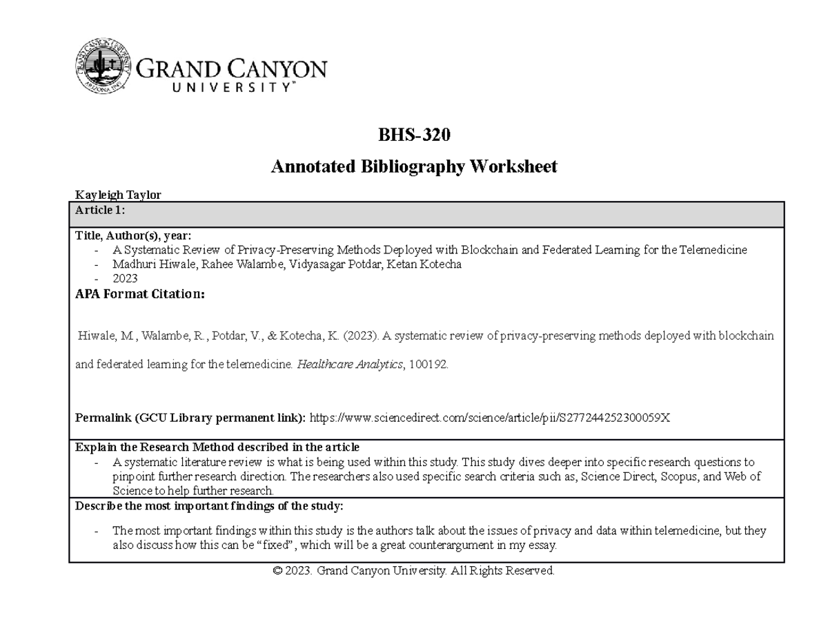BHS-320 annotated-bib kayleight - BHS- Annotated Bibliography Worksheet Kayleigh Taylor Article ...