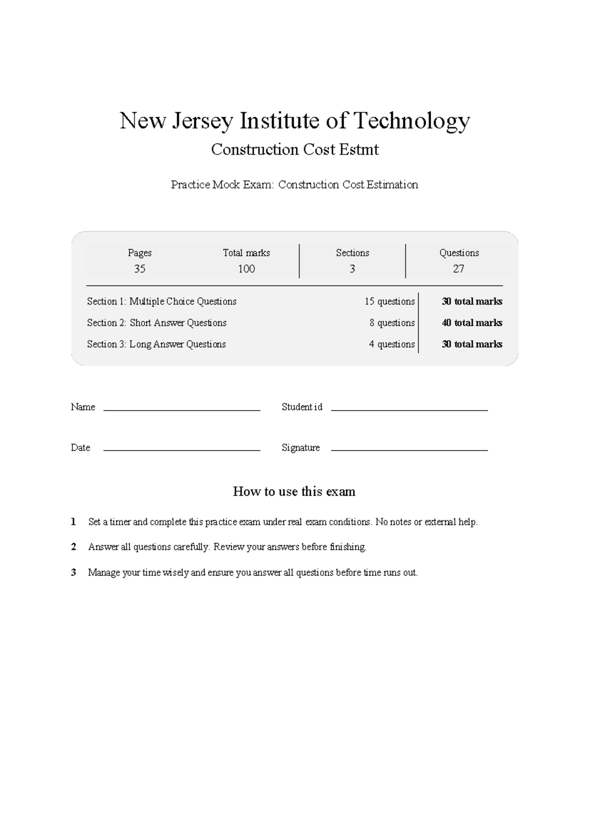 CE 616 Construction Cost Estimation Practice Mock Exam 2026 - Studocu