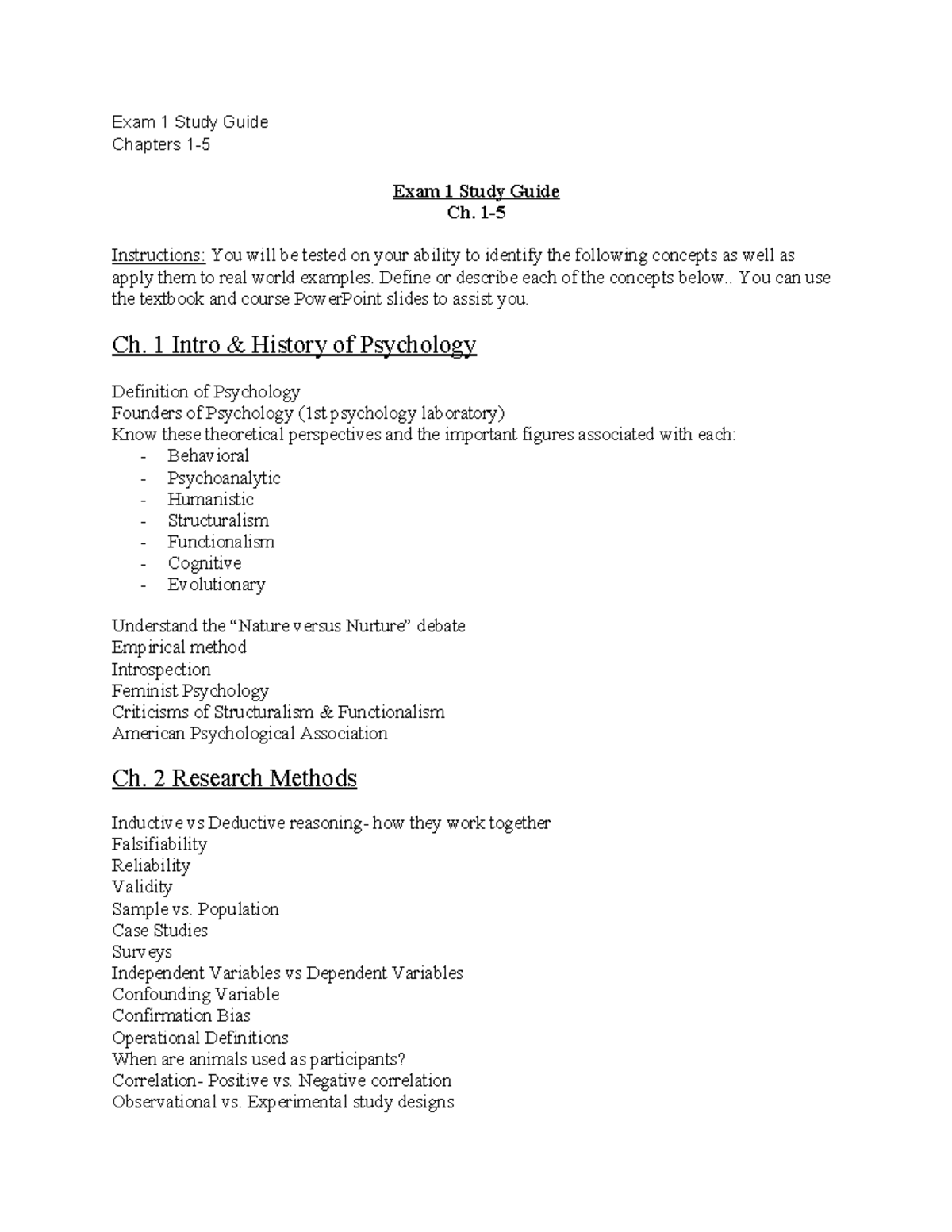 Exam 1 Study Guide for Psychology (PSY 101): Chapters 1-5 Overview ...
