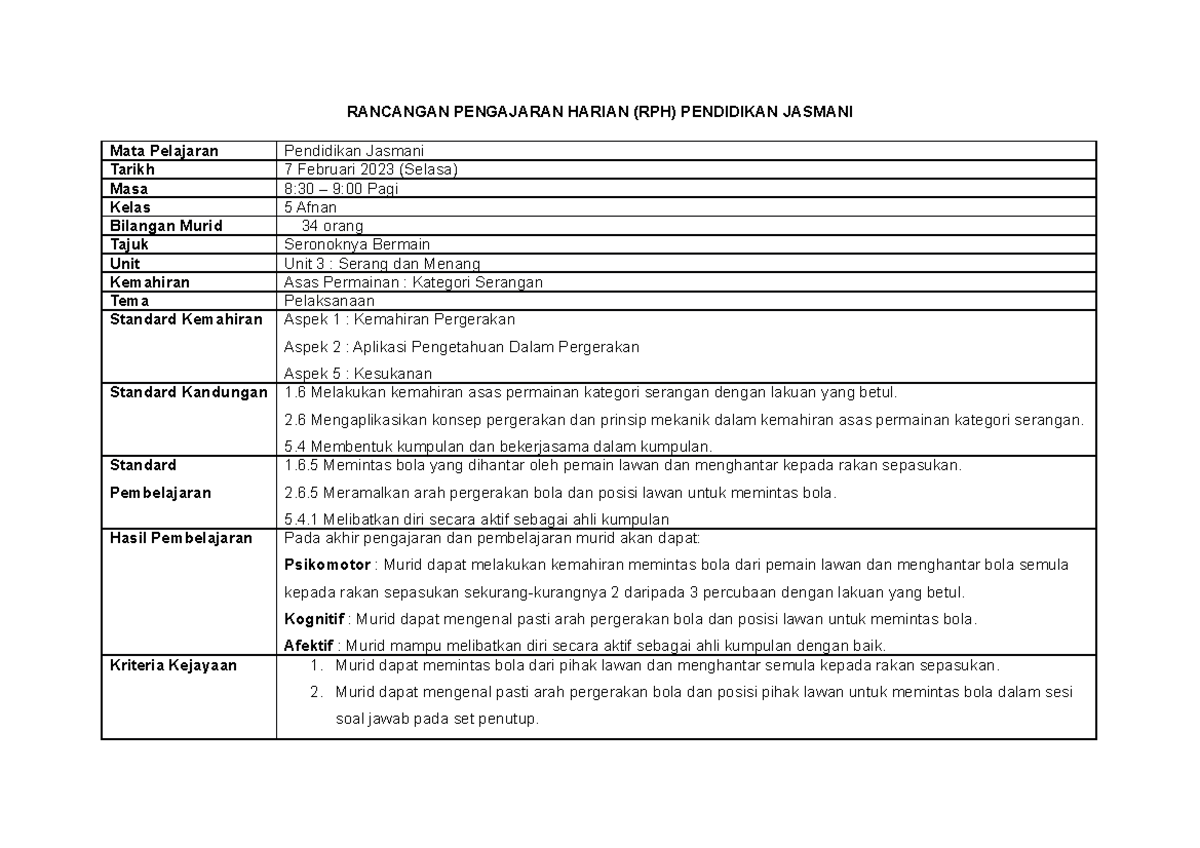 RPH Pendidikan Jasmani Tahun 5 - Permainan Kategori Serangan 2022/2023 ...