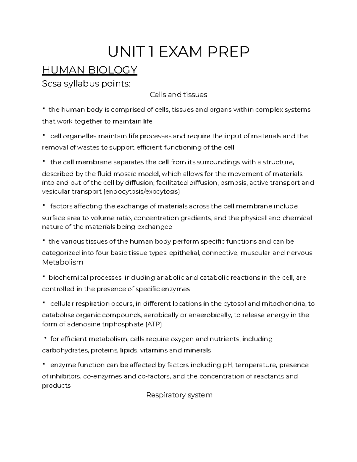 Human BIO 101 UNIT 1 EXAM PREP: Cells, Tissues, and Systems Overview ...