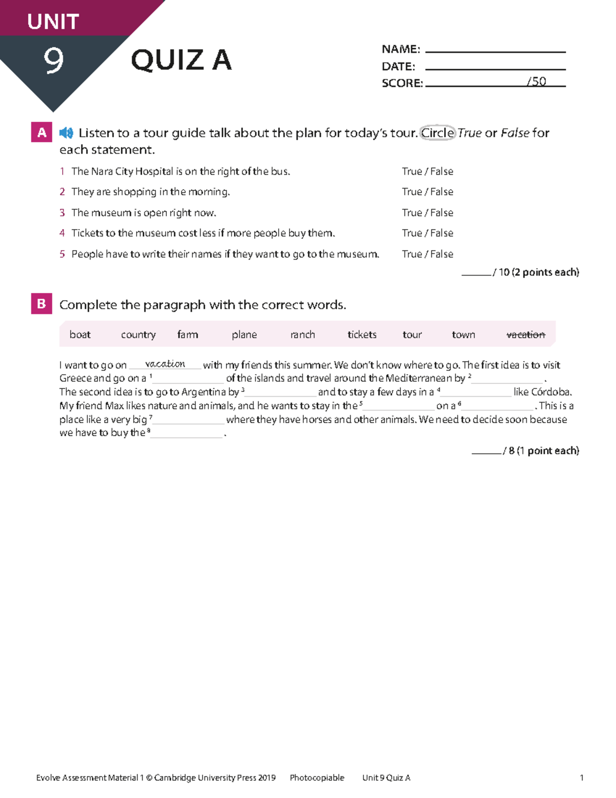 Evolve L1 Unit 9 Quiz A - Ejercicio de evaluación y práctica - Studocu