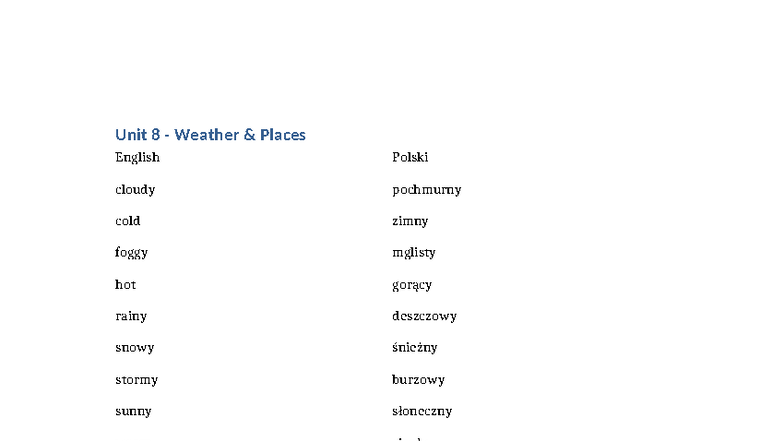 Unit 8: Weather and Places Vocabulary Guide - Studocu
