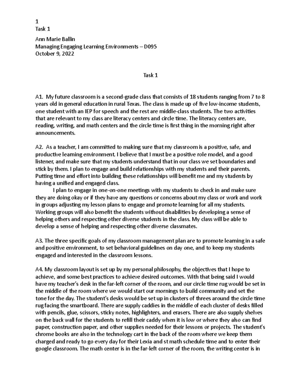 D095 Task 1 - all the good things - 1 Task 1 Ann Marie Ballin Managing ...