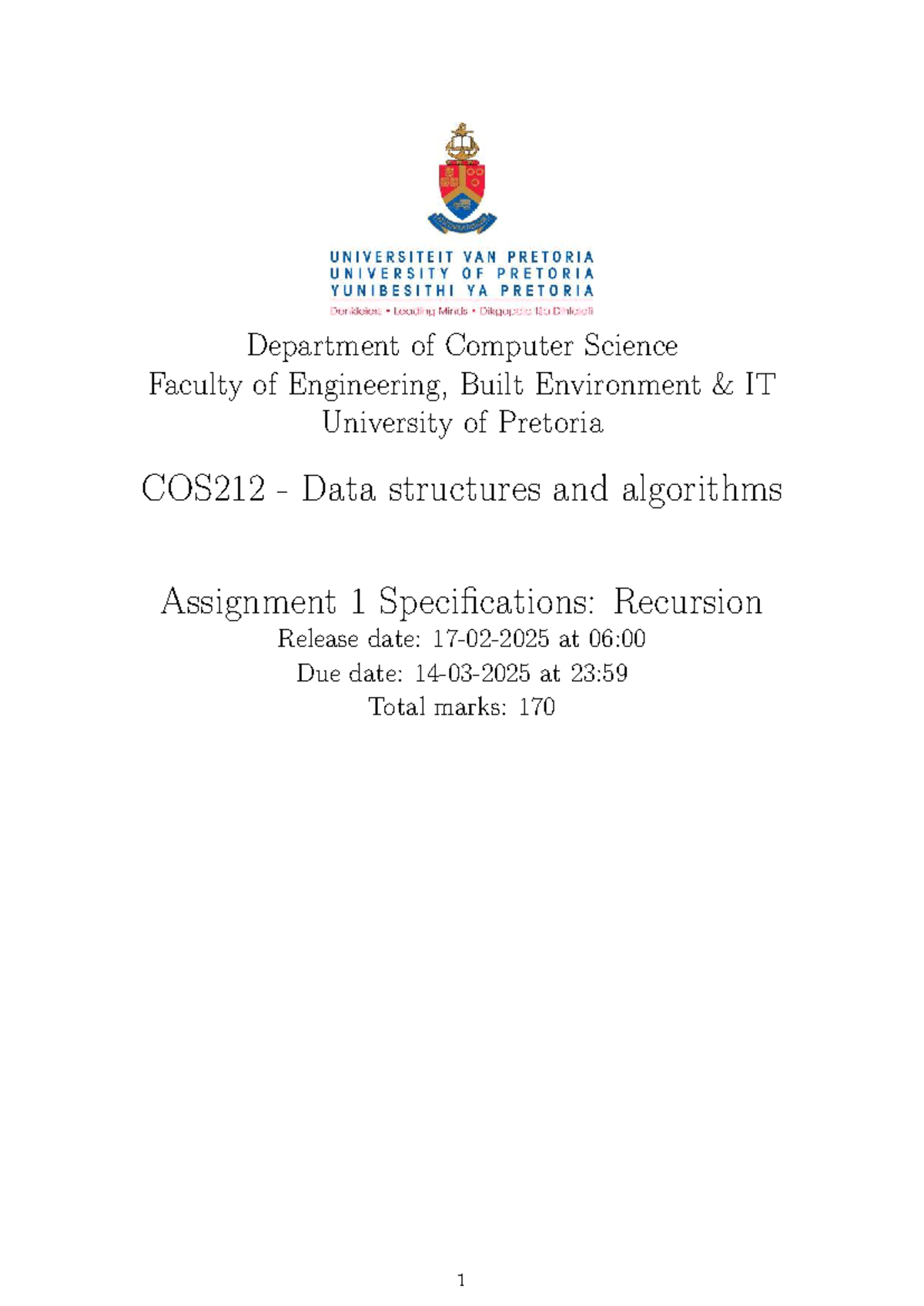 COS212 Data Structures & Algorithms: Recursion Assignment 1 Guide - Studocu