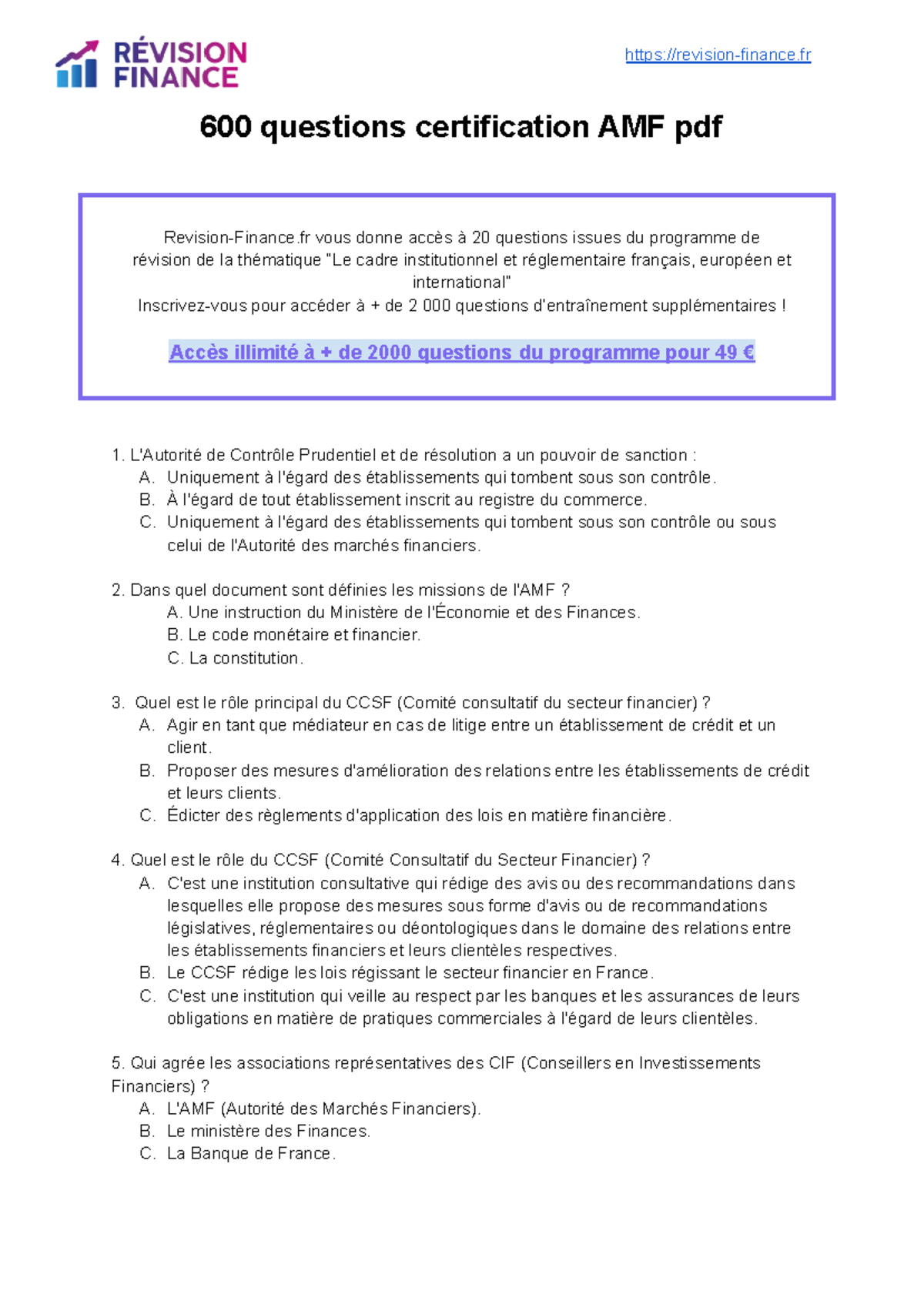 600 Questions Certification AMF - Cadre Réglementaire International ...