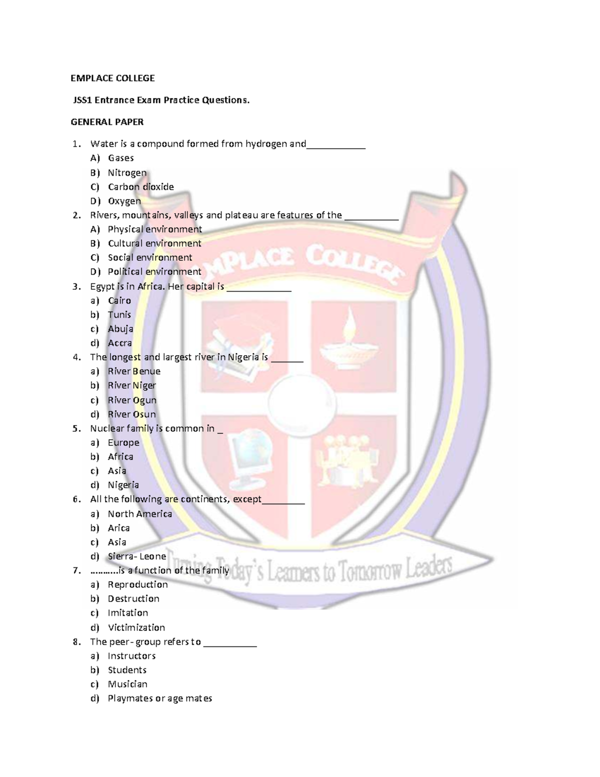 EMPLACE COLLEGE JSS1 Entrance Exam Practice Questions - General Paper 1 ...
