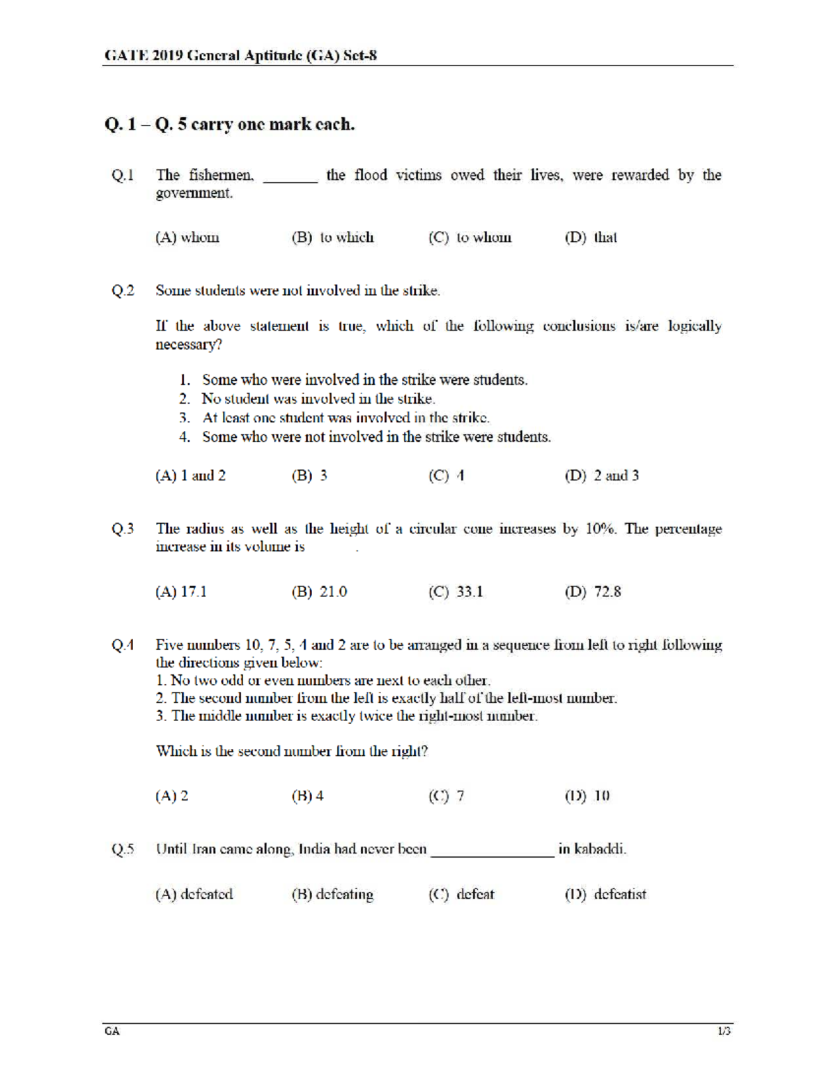 GATE 2019 MA Practice Set: General Aptitude & Mathematics Questions ...