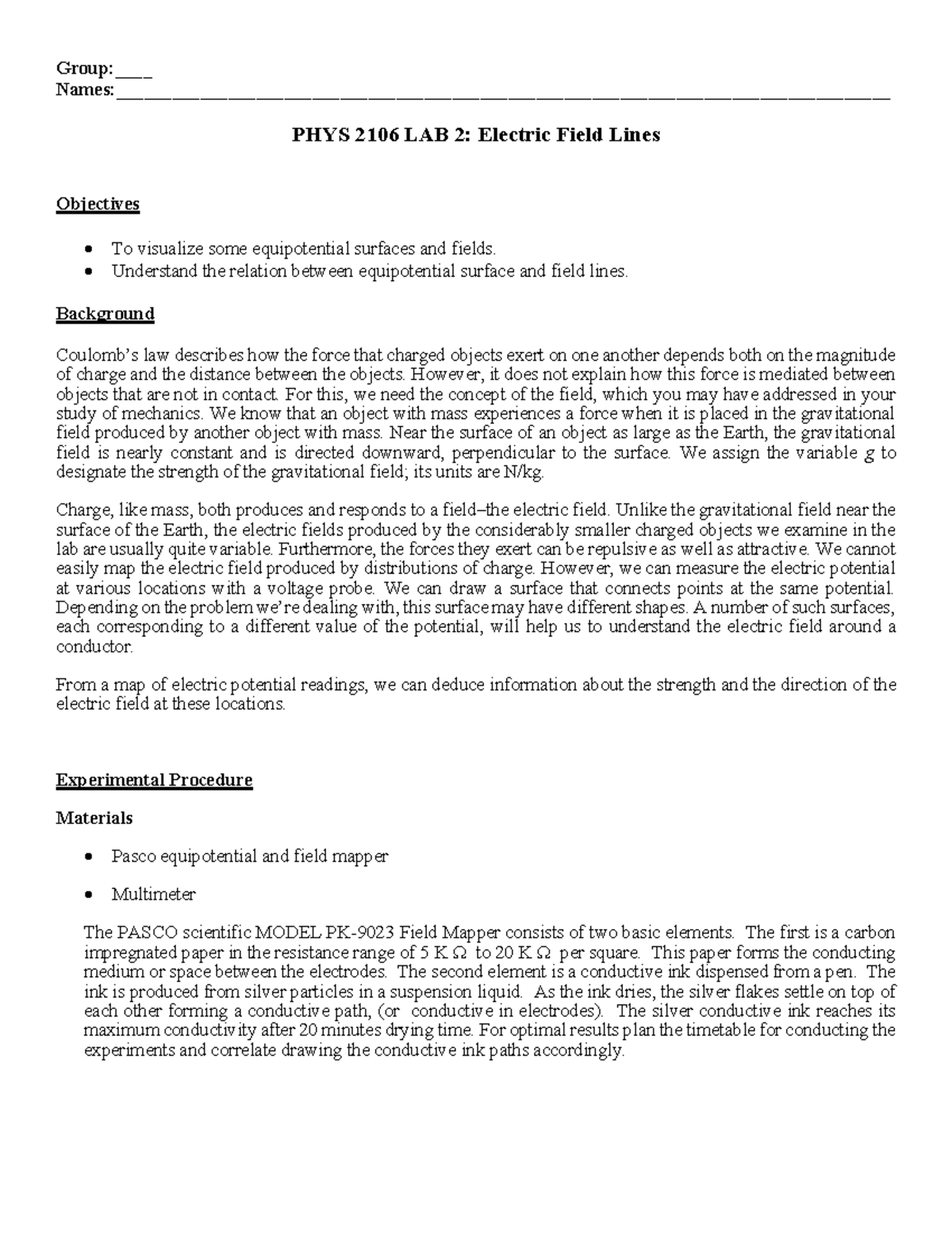 PHYS 2106 Lab 2: Mapping Electric Field Lines and Equipotentials - Studocu