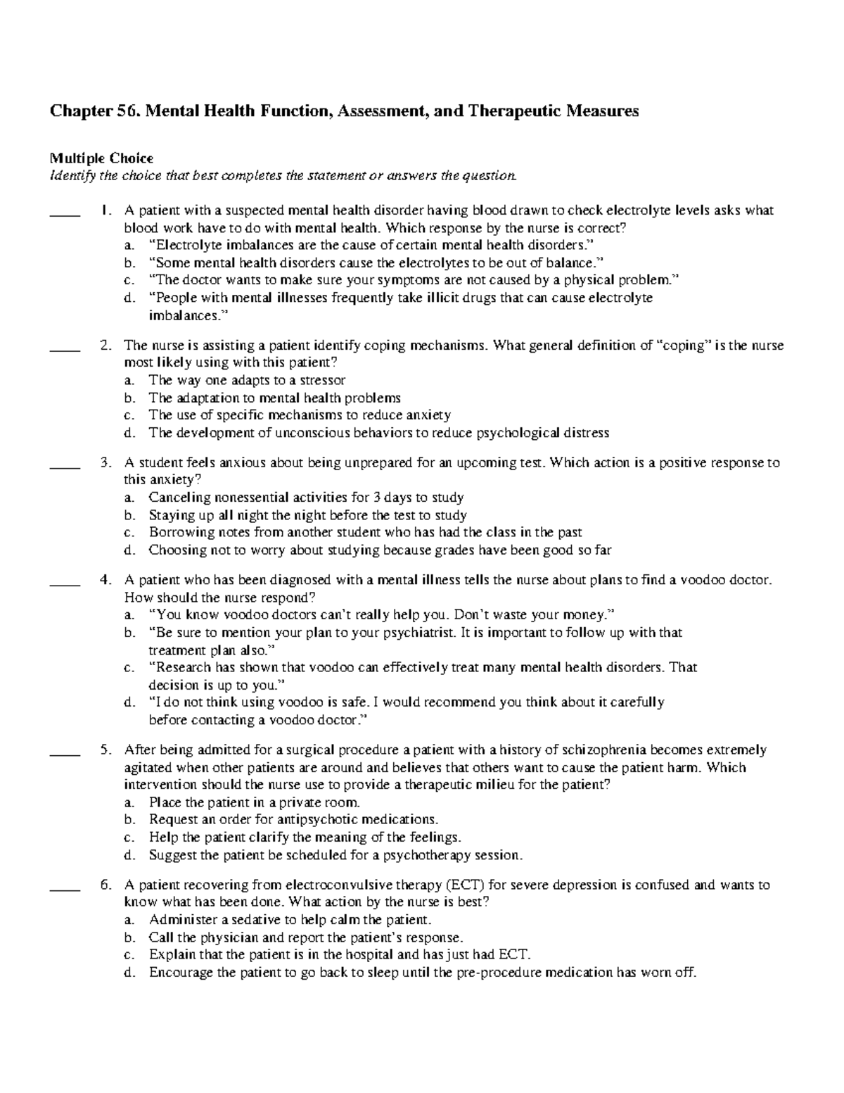 Ch56 - Mental Health Function: Assessment & Therapeutic Measures MCQs ...