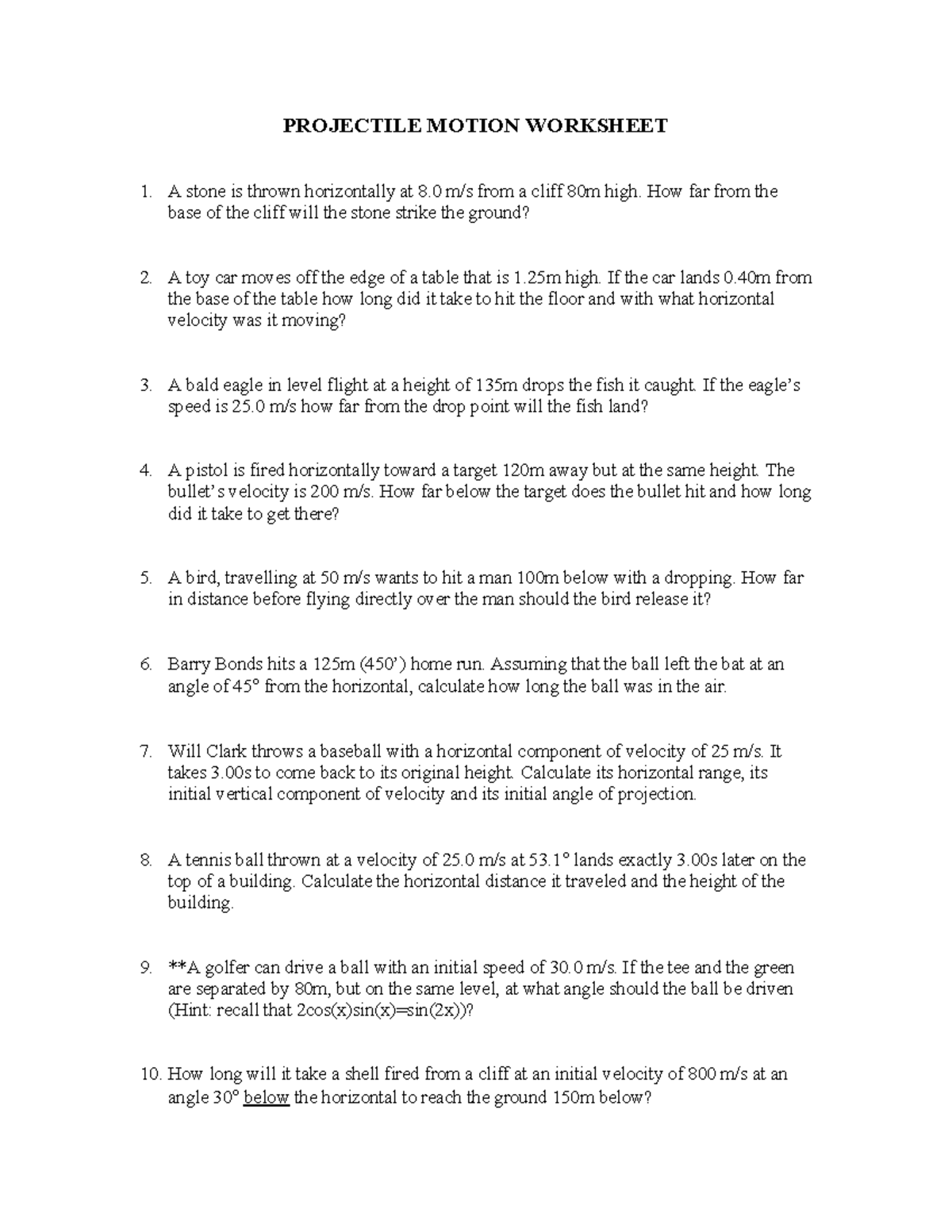 Projectile Motion Worksheet: Problems & Solutions - Studocu