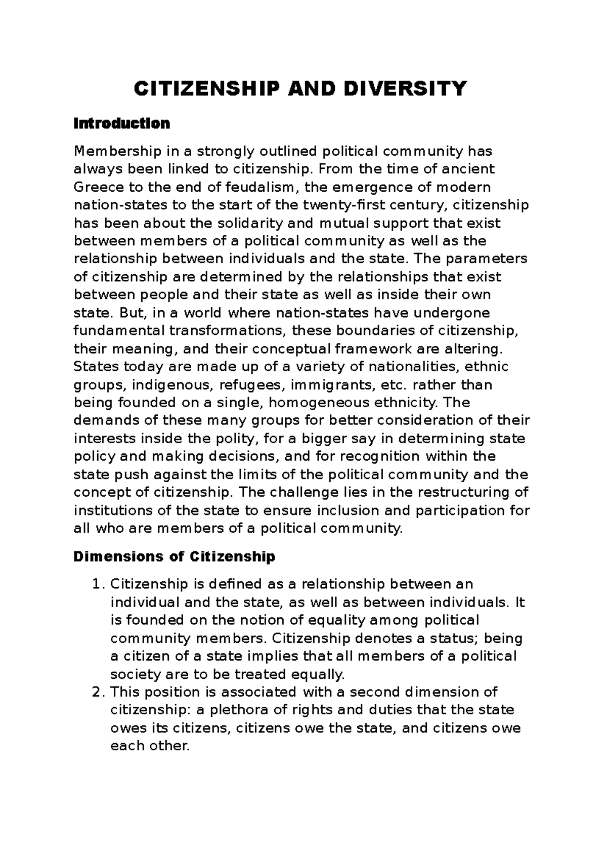 Citizenship AND Diversity - CITIZENSHIP AND DIVERSITY Introduction ...