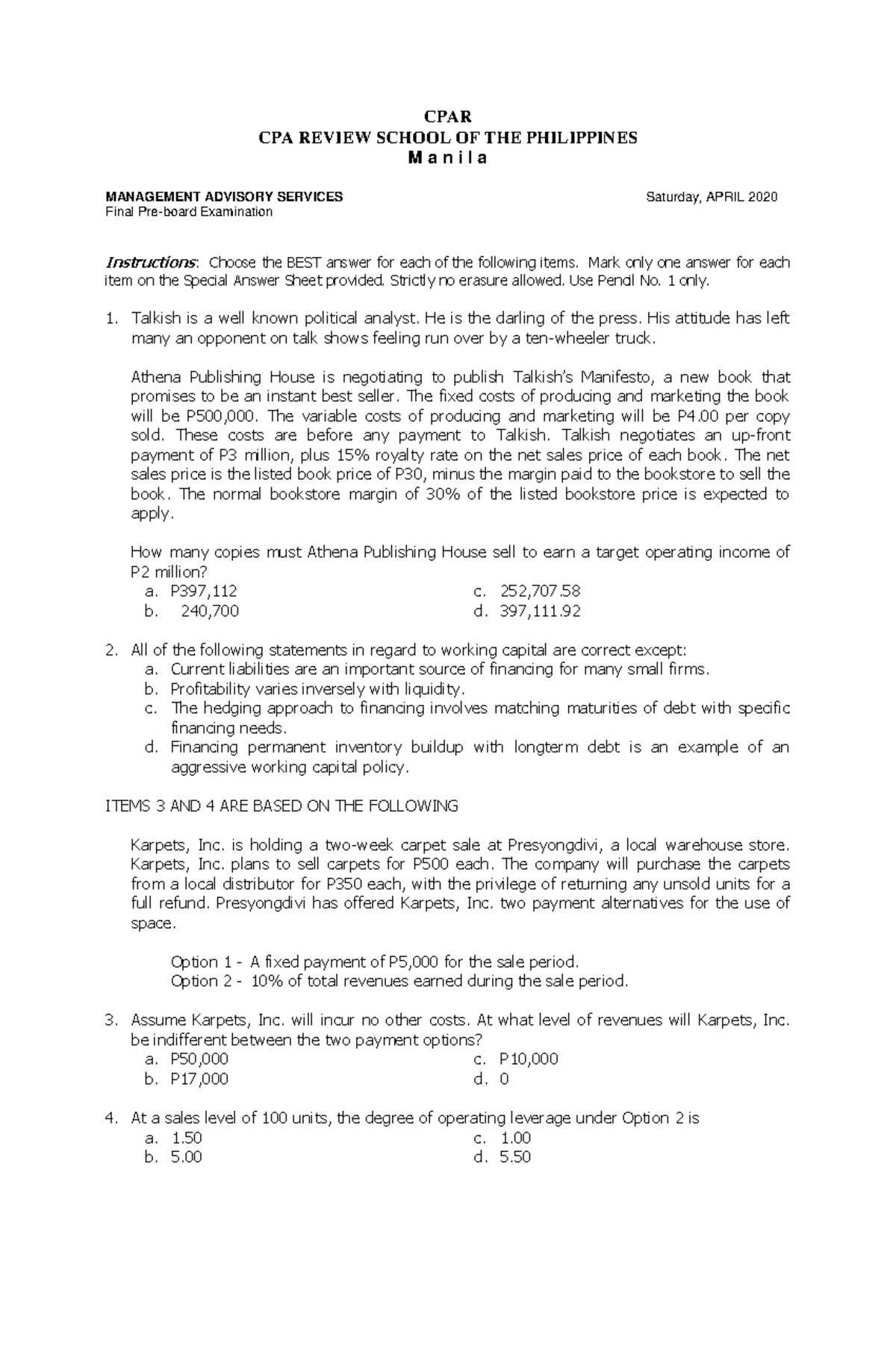 MAS-Final Preboard Exam Review - Practice Questions and Materials - Studocu