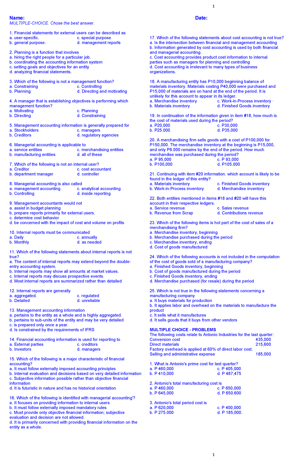 P1 Final Exam: Cost Accounting Multiple Choice Questions - Studocu