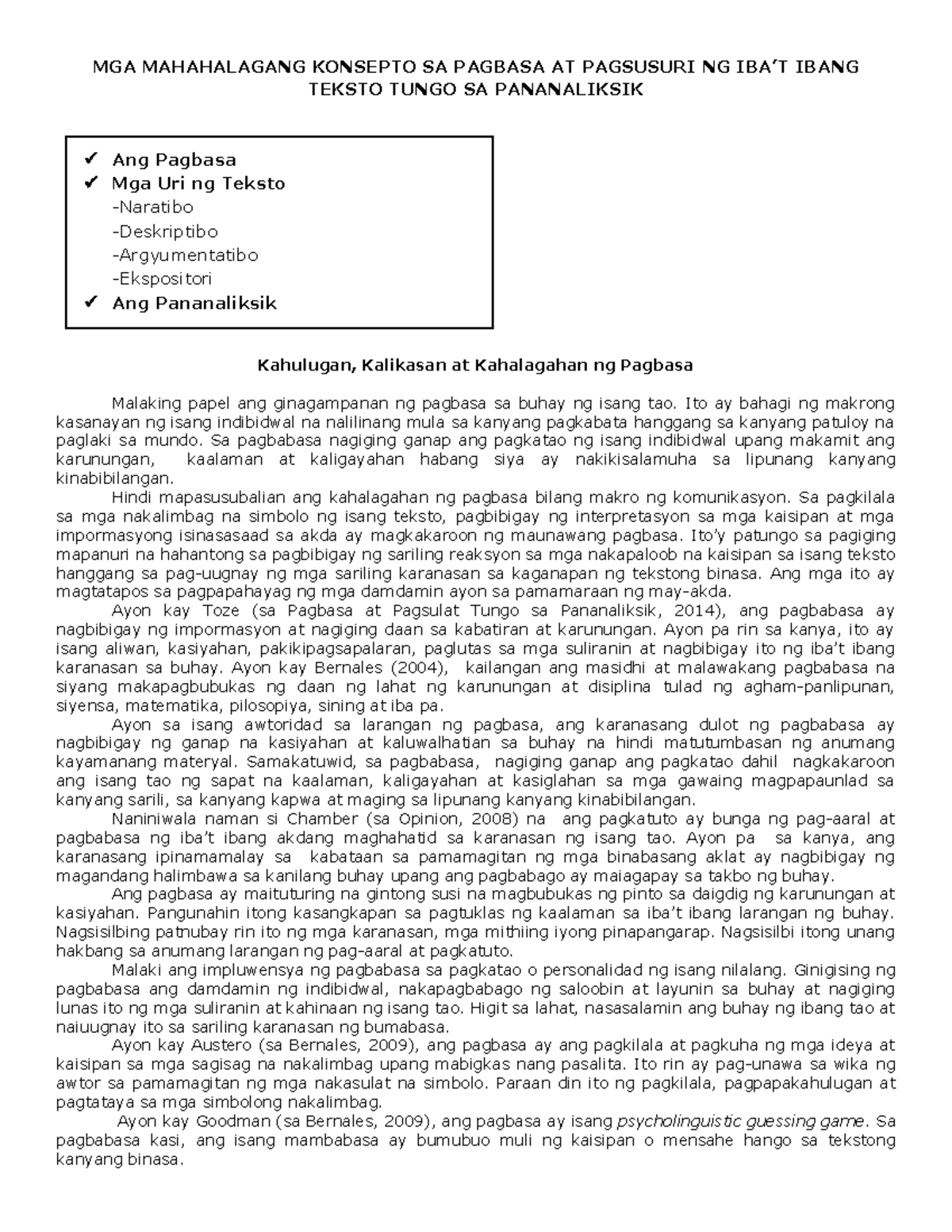 Mga Mahahalagang Konsepto sa Pagbasa at Pagsusuri (Part 1) - Studocu