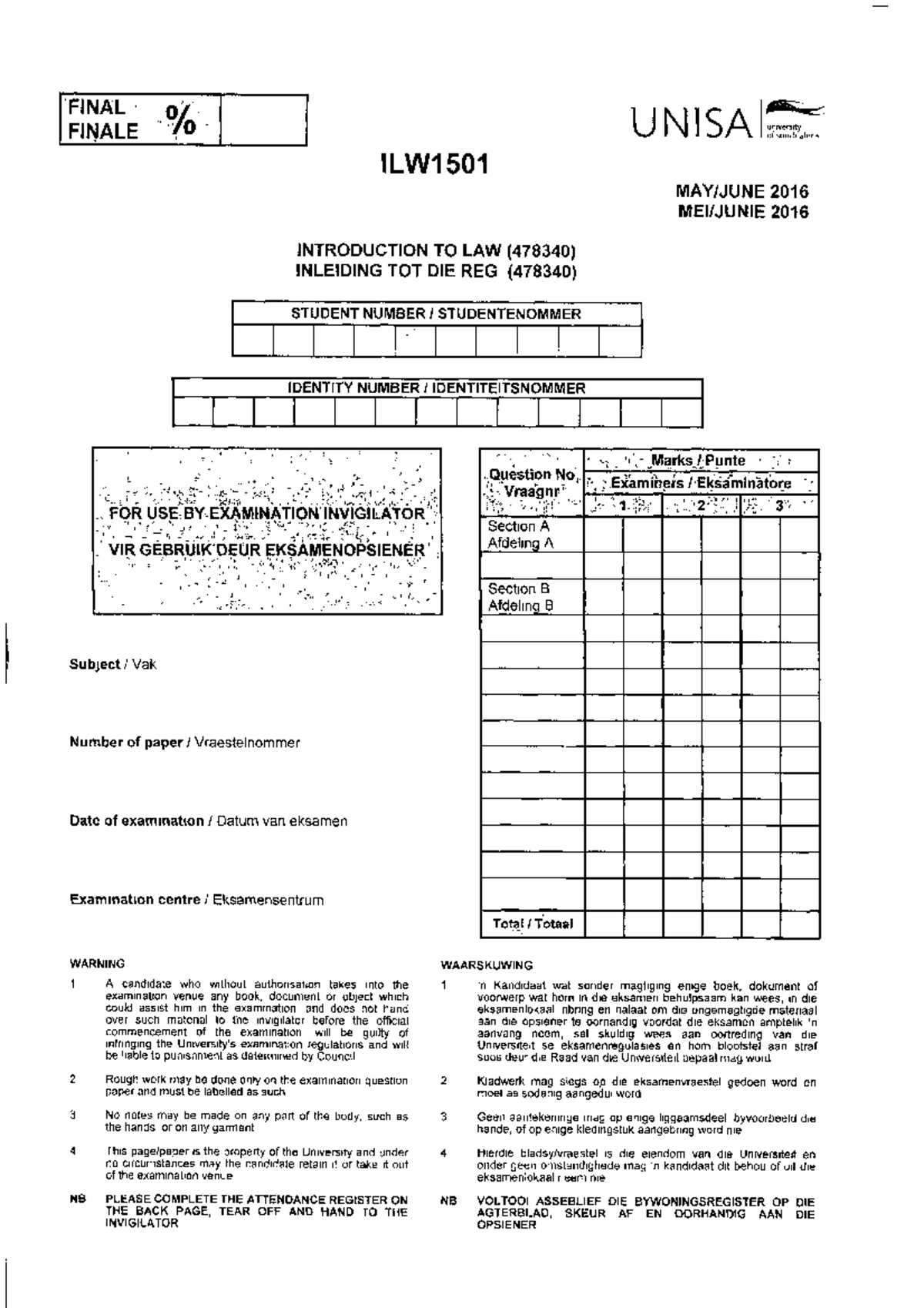 ILW1501 2016 6 E 1 - previous exam papers for introduction to law for unisa students doing LLB ...