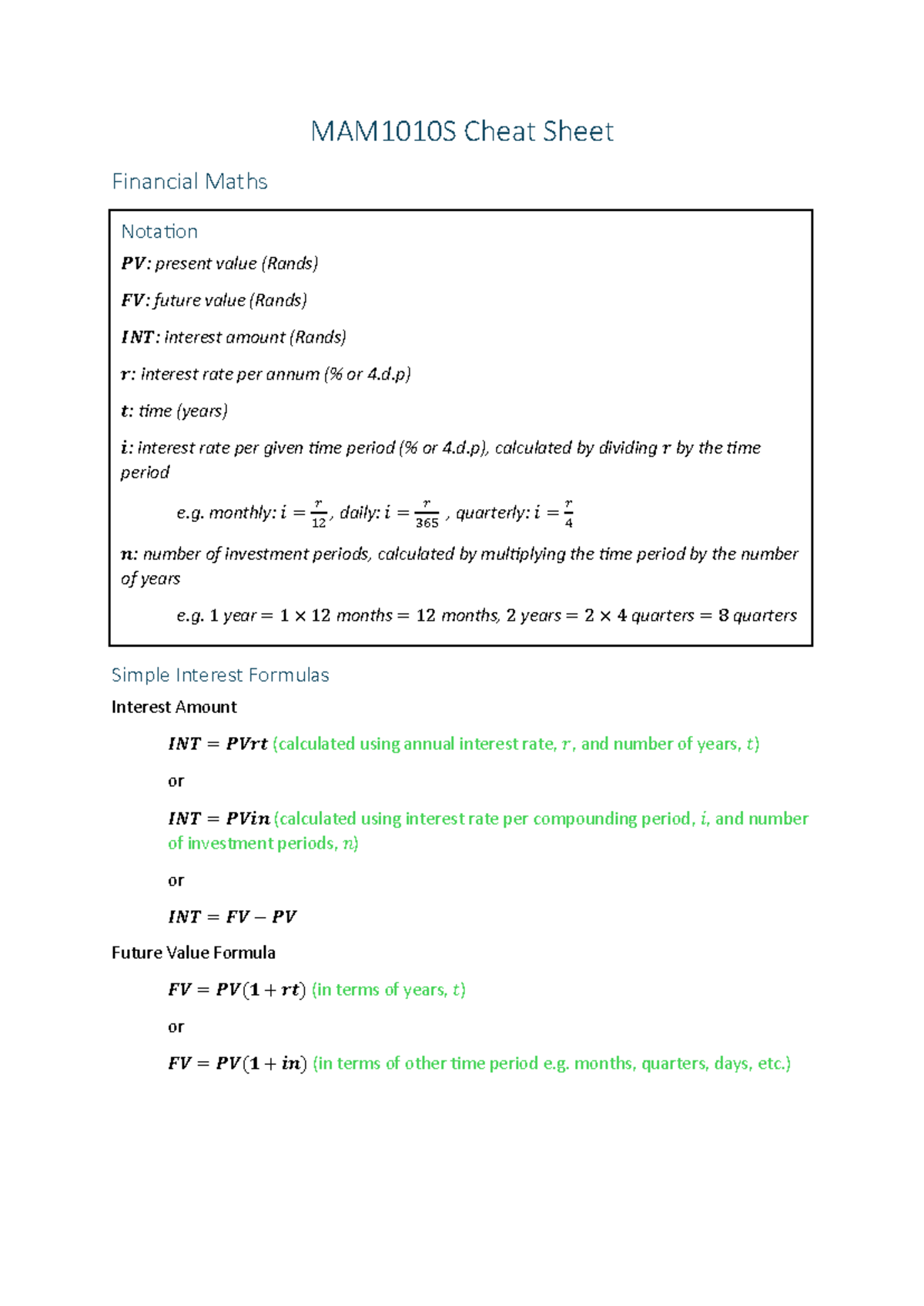 MAM1010S Financial Maths Cheat Sheet: Notes & Formulas - Studocu