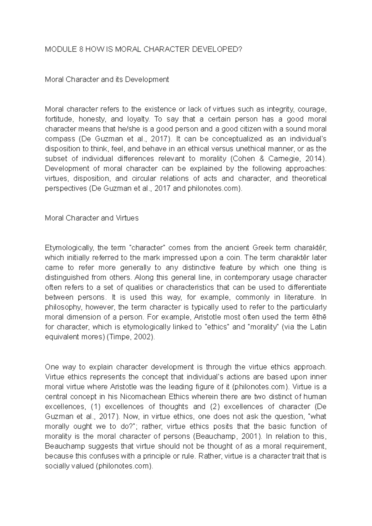 Module 8: Understanding the Development of Moral Character - Studocu