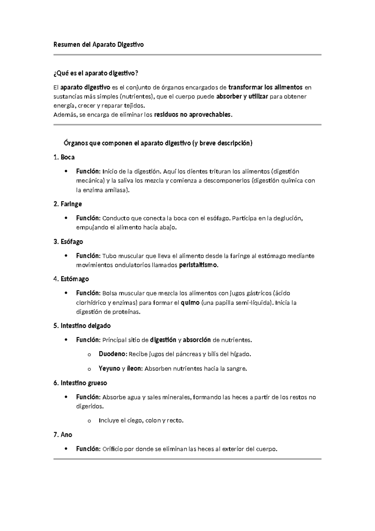 Resumen del Aparato Digestivo: Funciones y Proceso (Biología 101) - Studocu