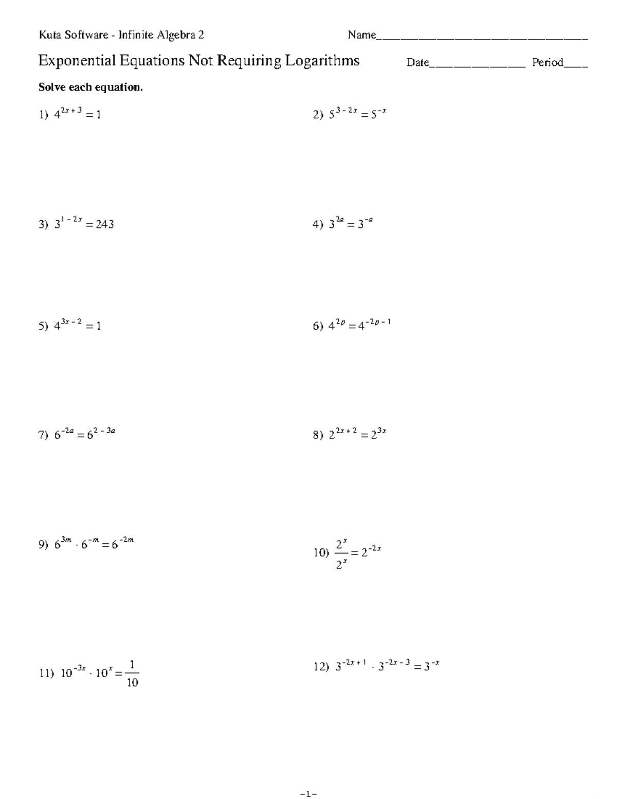 Kuta Software Infinite Algebra 2 Extra Practice: Exponential Equations ...
