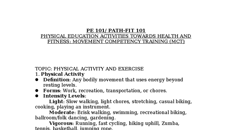 PE 101 Study Guide: Physical Education Activities & Fitness Concepts ...