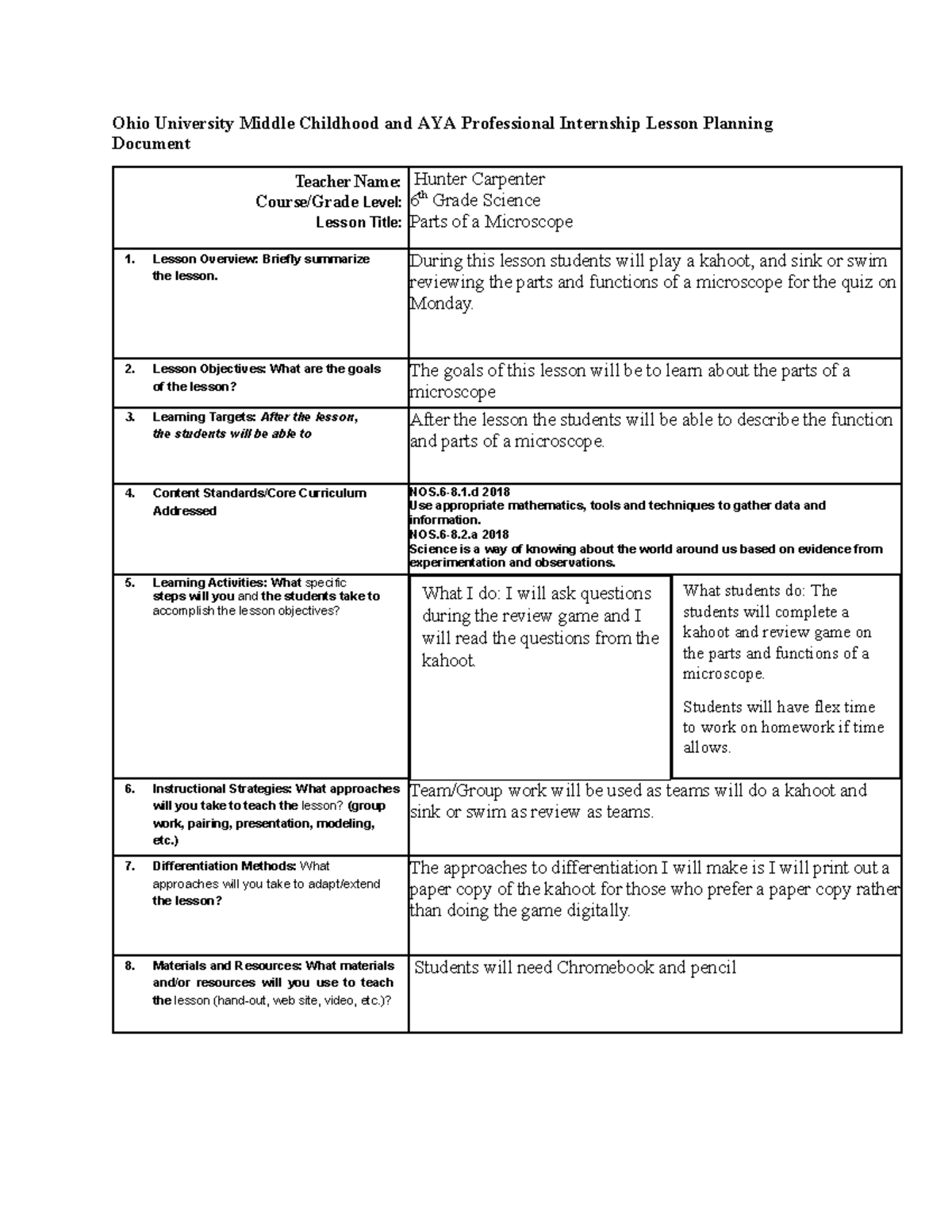 Ohio University 6th Grade Science Lesson Plan: Parts of a Microscope ...