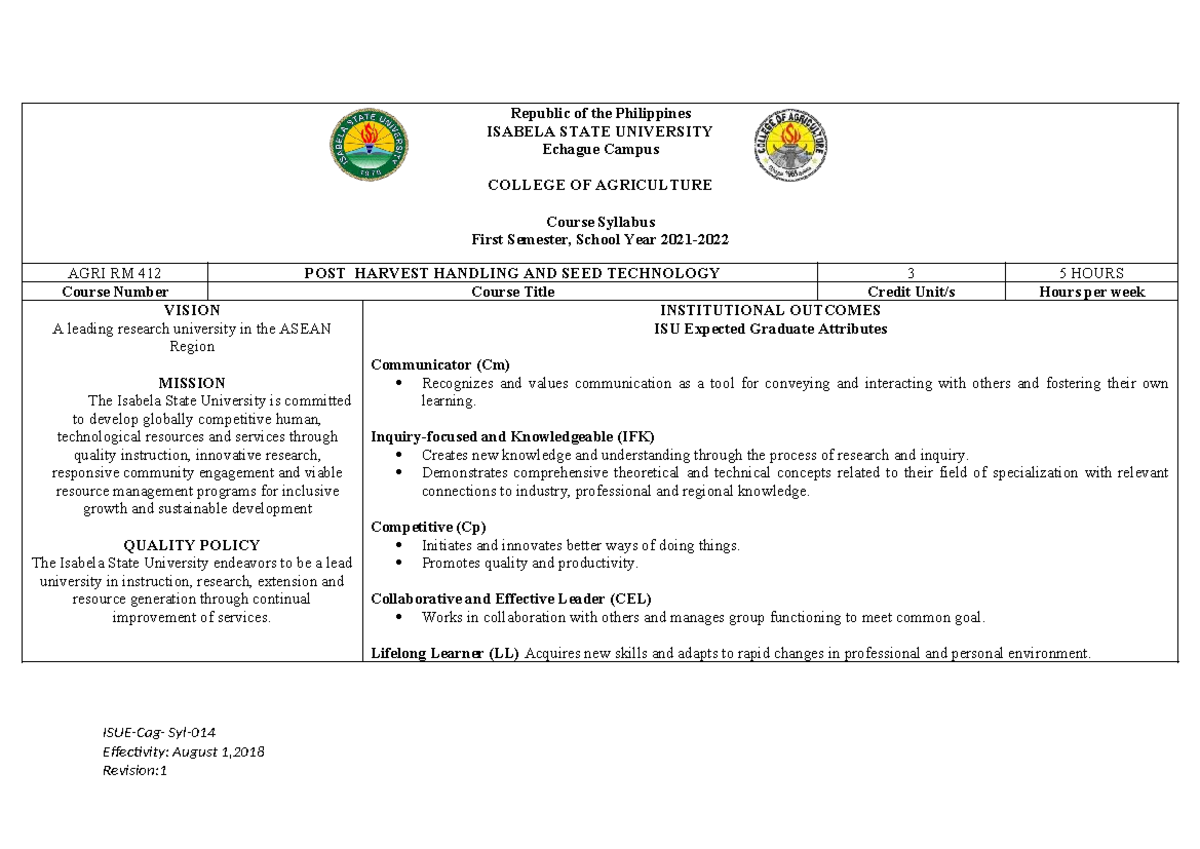 AGRI RM 412 Syllabus: Post Harvest Handling & Seed Technology - Studocu