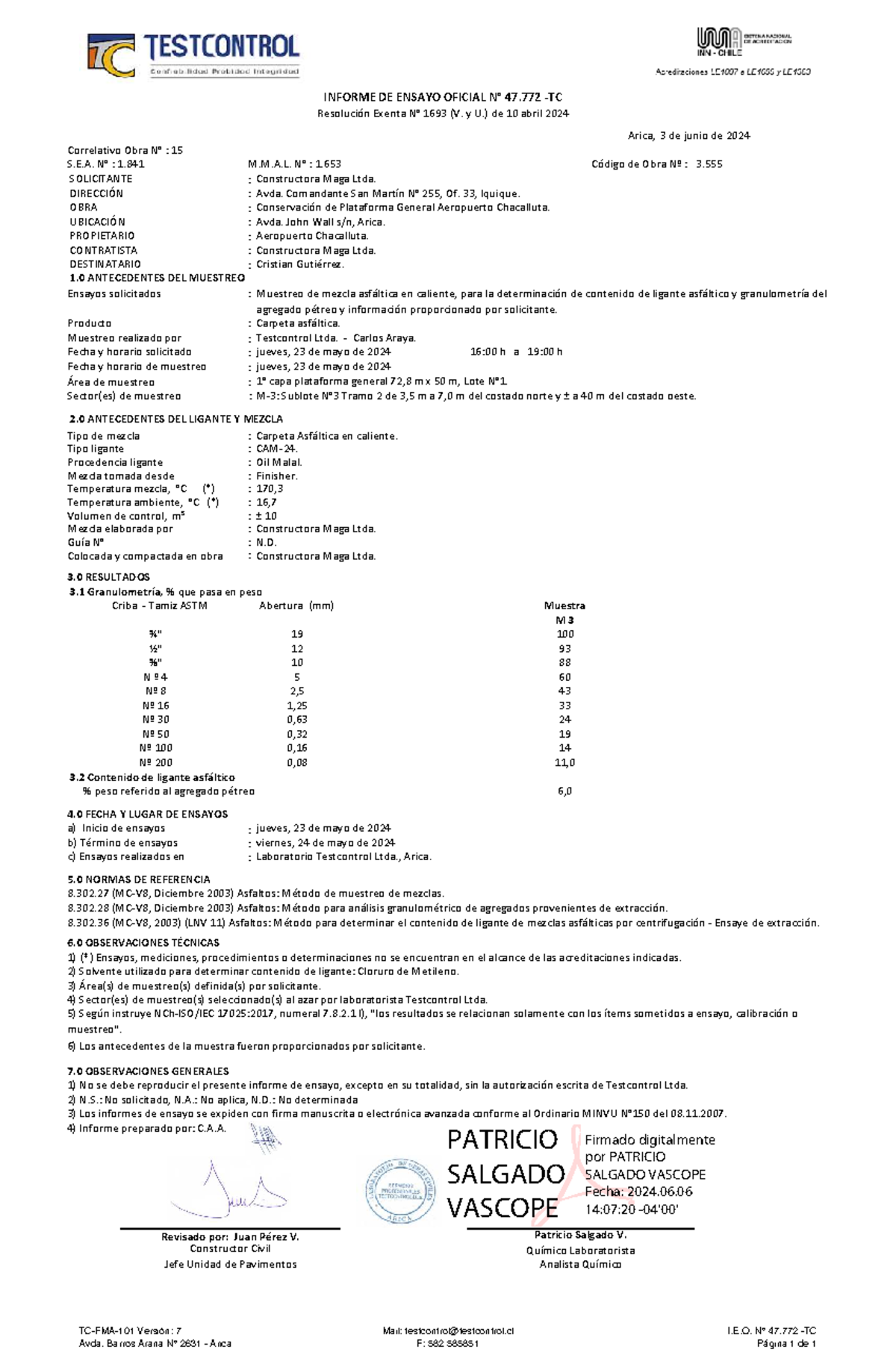 15 IE47772 L1 gran ligante Fepsv - Arica, Correlativo Obra N° : 15 SOLICITANTE : Constructora ...