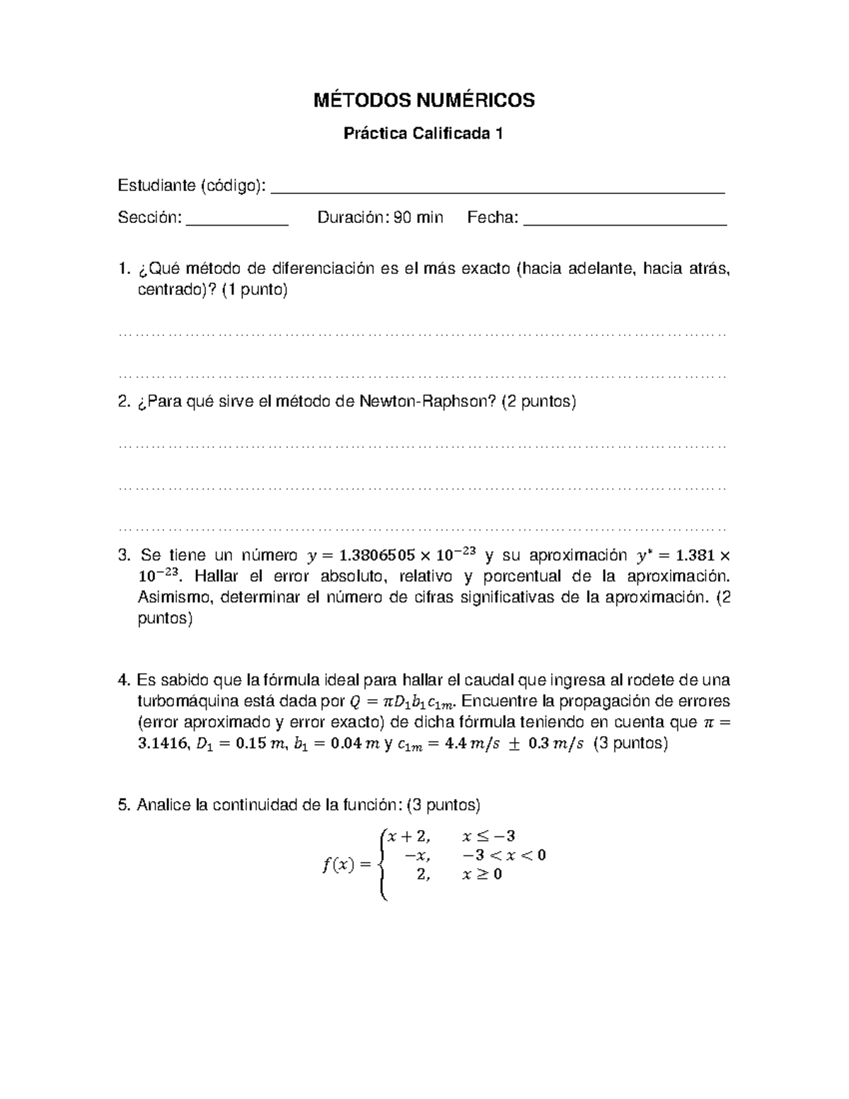 MÉTODOS NUMÉRICOS PC 1: Práctica Calificada 1 y Análisis de Errores - Studocu