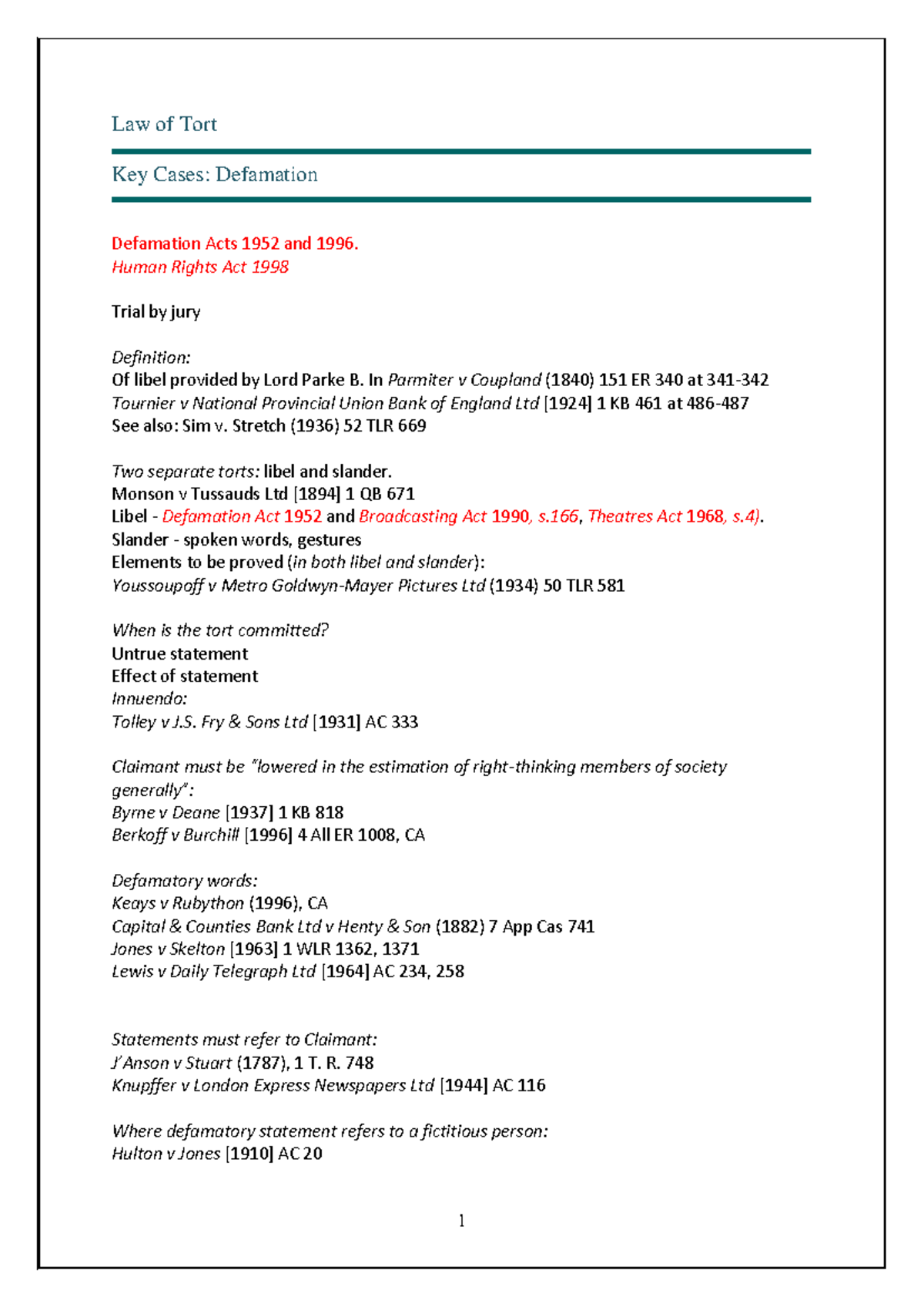 Key Cases - Defamation - Notes - Law of Tort Key Cases: Defamation ...