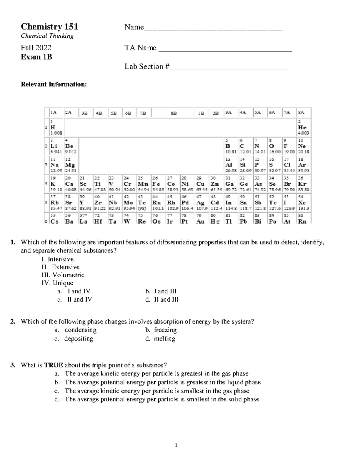 FA22 CHEM 151 Exam 1B: Chemical Thinking & Properties of Matter - Studocu