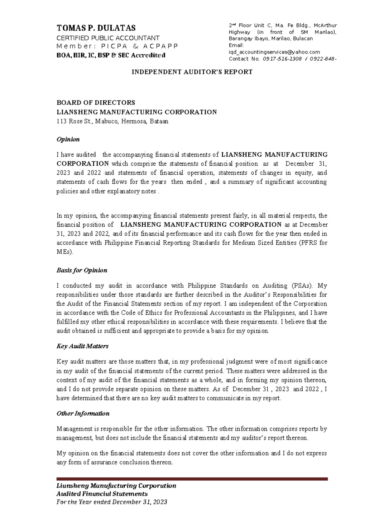 Audited Financial Statements of LIANSHENG MANUFACTURING CORP (RMO 26 ...