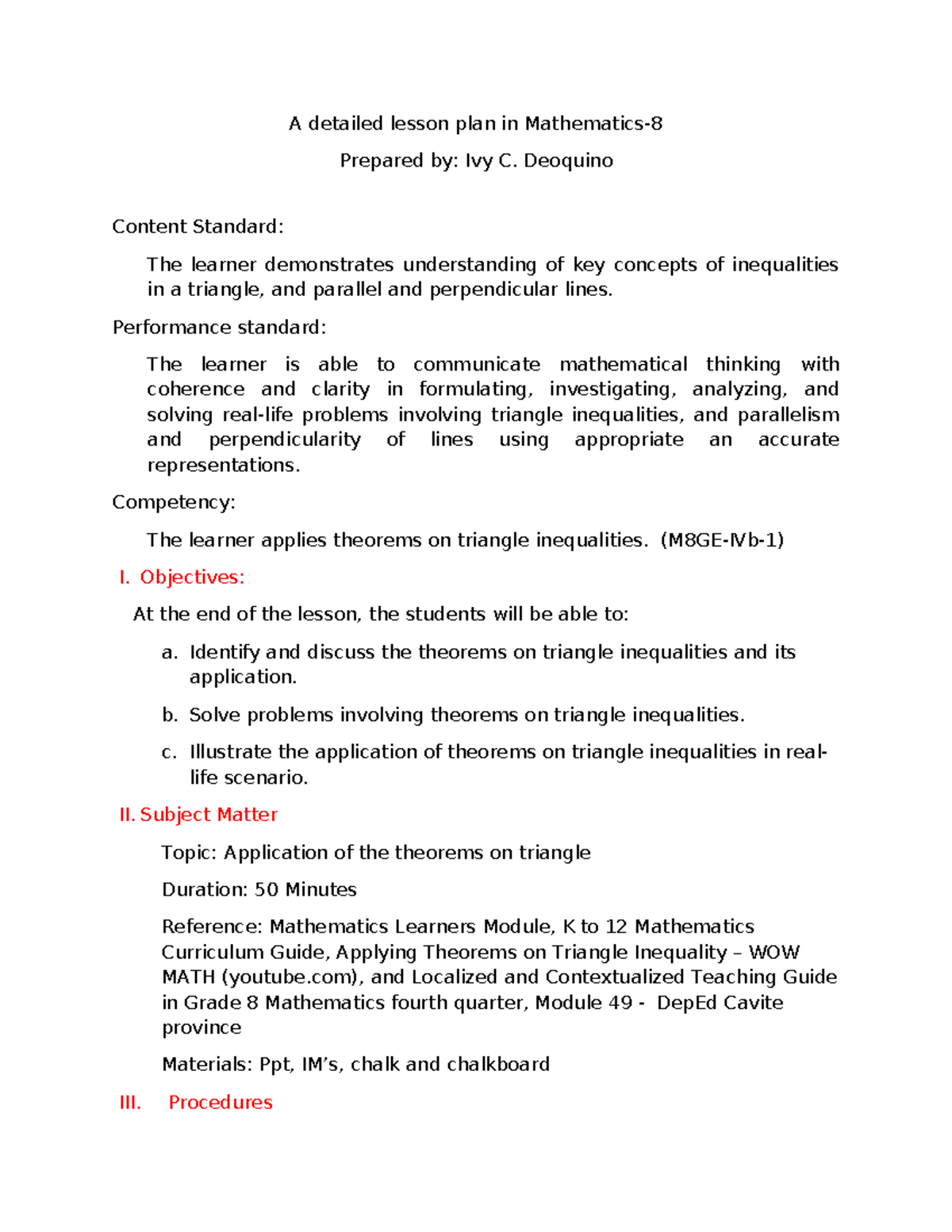 Creating a Comprehensive Lesson Plan in Math: Theorems on Triangle ...