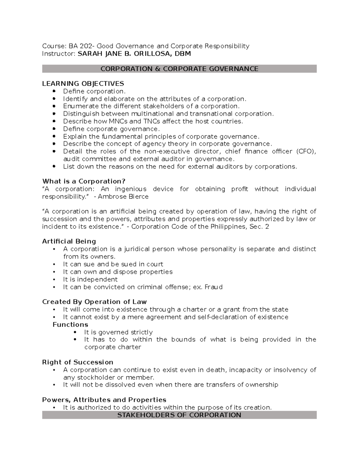 Lesson 1: Overview of Corporations & Corporate Governance for BA 202 ...