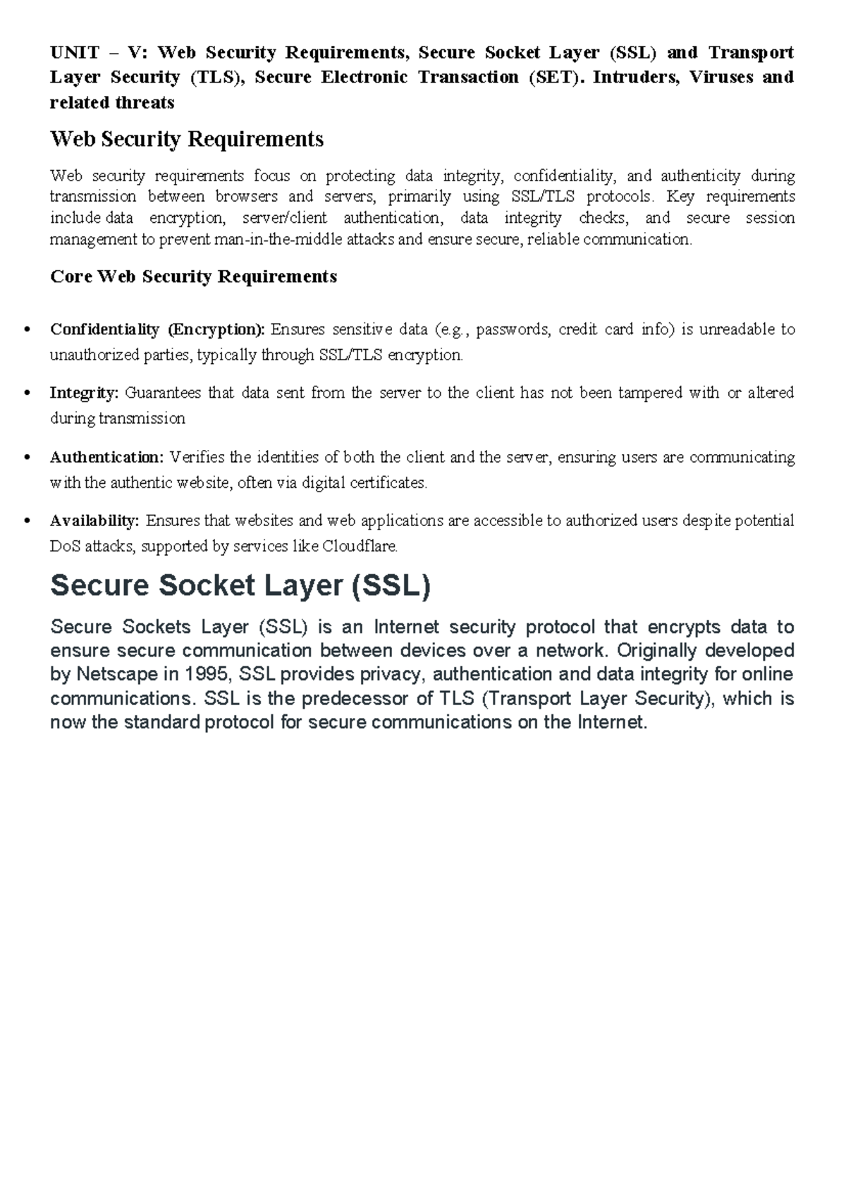 UNIT IV: Web Security Essentials, SSL, TLS, and Threats Overview - Studocu