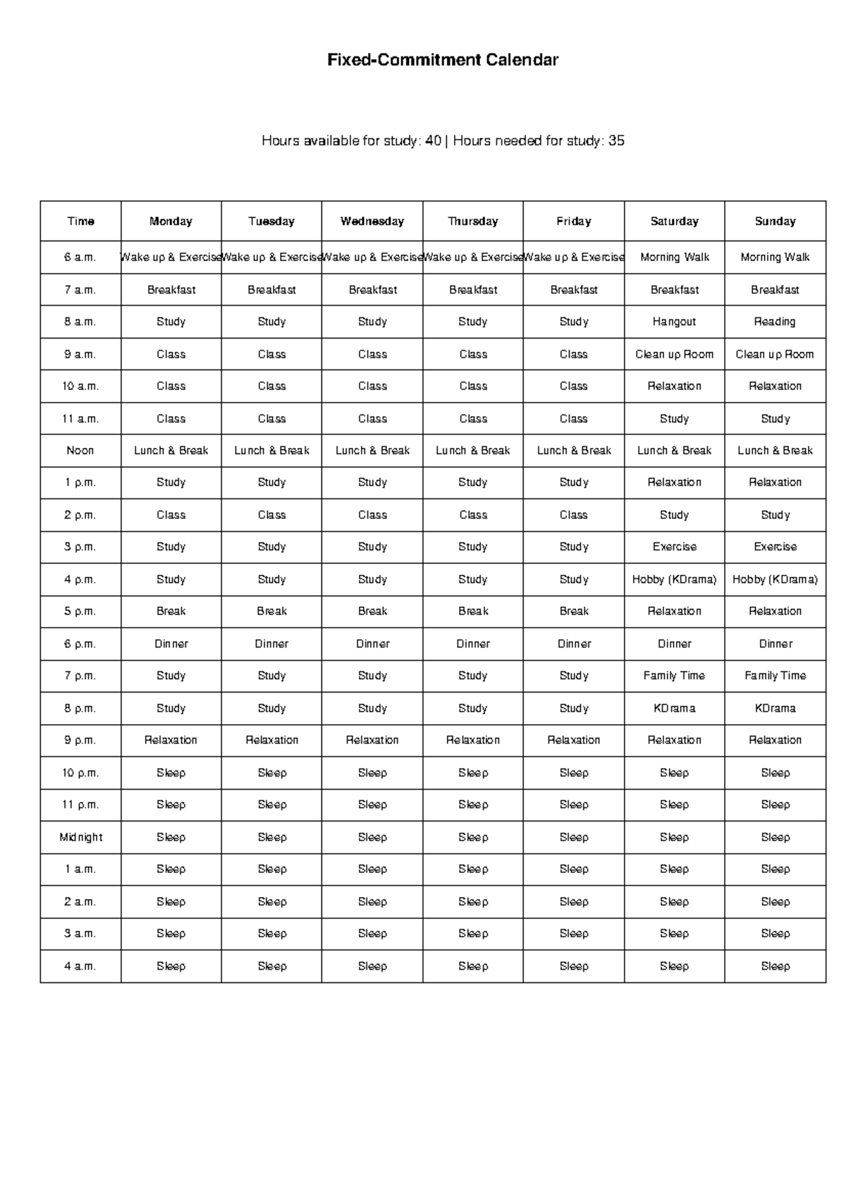 Fixed Commitment Calendar - Fixed-Commitment Calendar Hours available ...