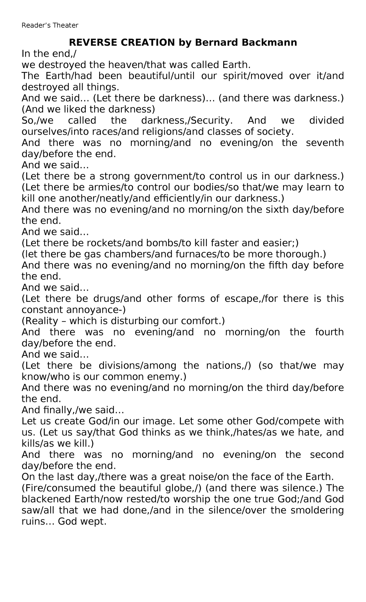 Reader's Theater - Reader’s Theater REVERSE CREATION by Bernard ...