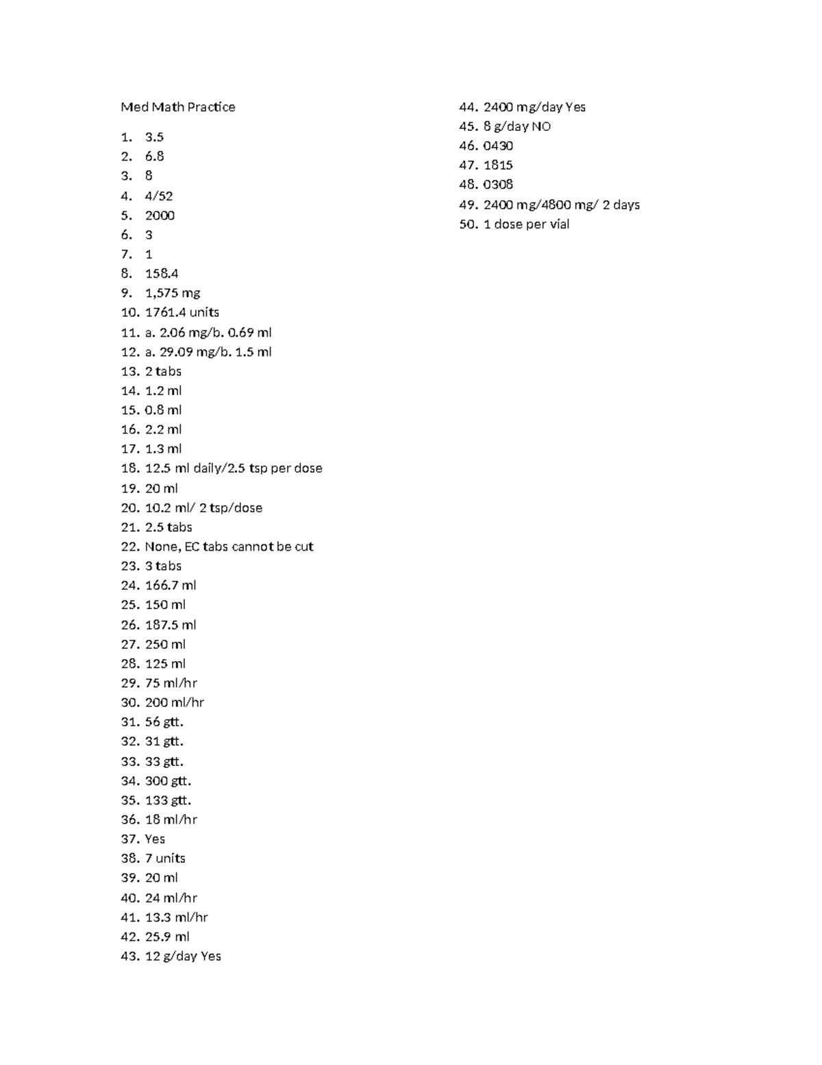 Med Math Practice Answers: Key Solutions and Calculations - Studocu