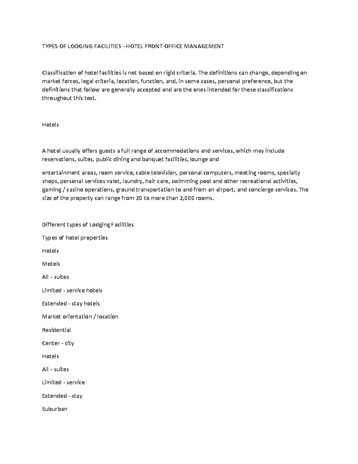 Types of Lodging Facilities in Hotel Front Office Management (HFM 101 ...