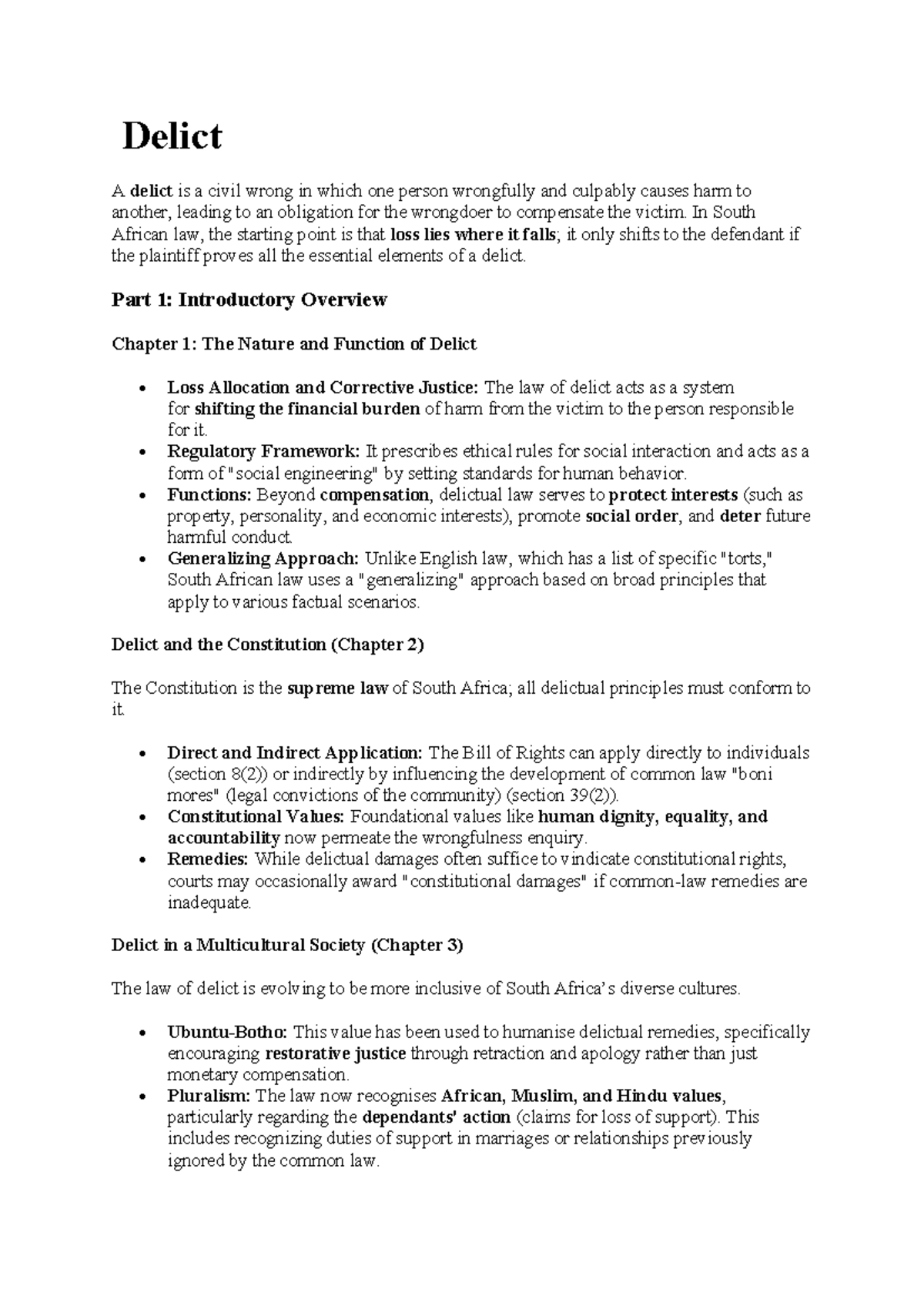 Delict - NOTES: Overview of Civil Wrong and Legal Principles - Studocu