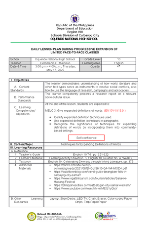 Relevance OF ONE'S IDEA (Q4-W1-M1) - DETAILED LESSON PLAN IN ENGLISH ...