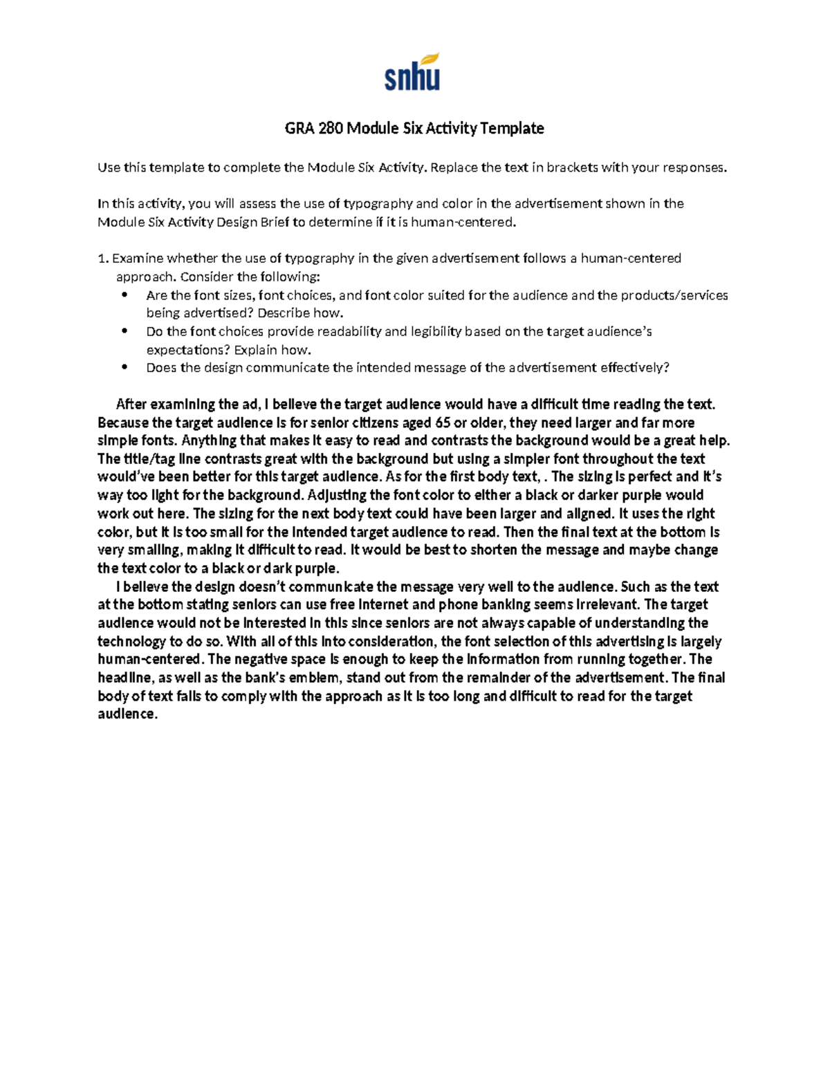 GRA 280 Module Six Activity: Typography & Color Assessment Guide - Studocu