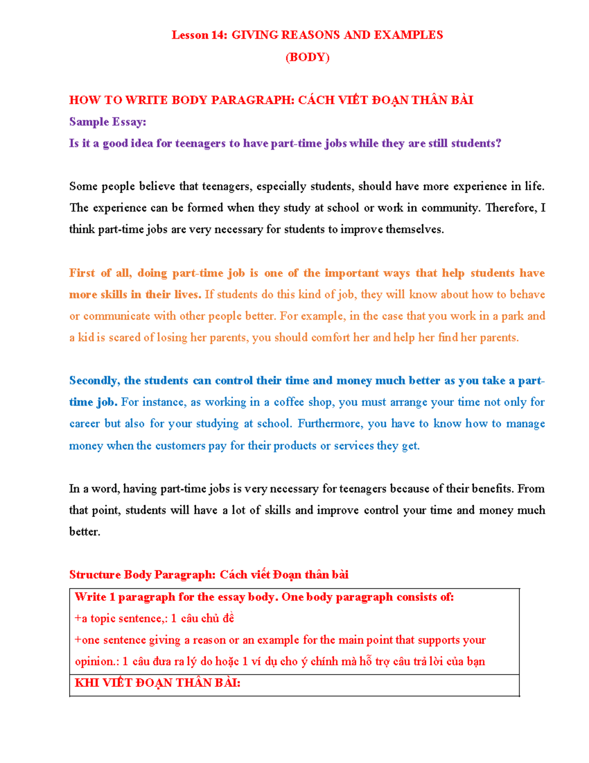 HW Lesson 14: Writing Body Paragraphs - Theory & Examples - Studocu