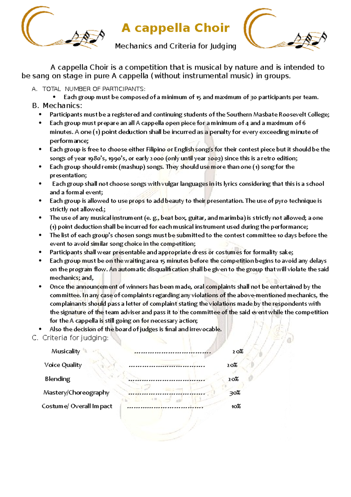 A cappella Choir - criteria - A cappella Choir Mechanics and Criteria ...