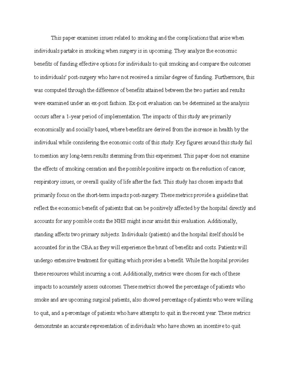 CBA Assignment 2: Economic Impacts of Smoking Cessation Before Surgery ...