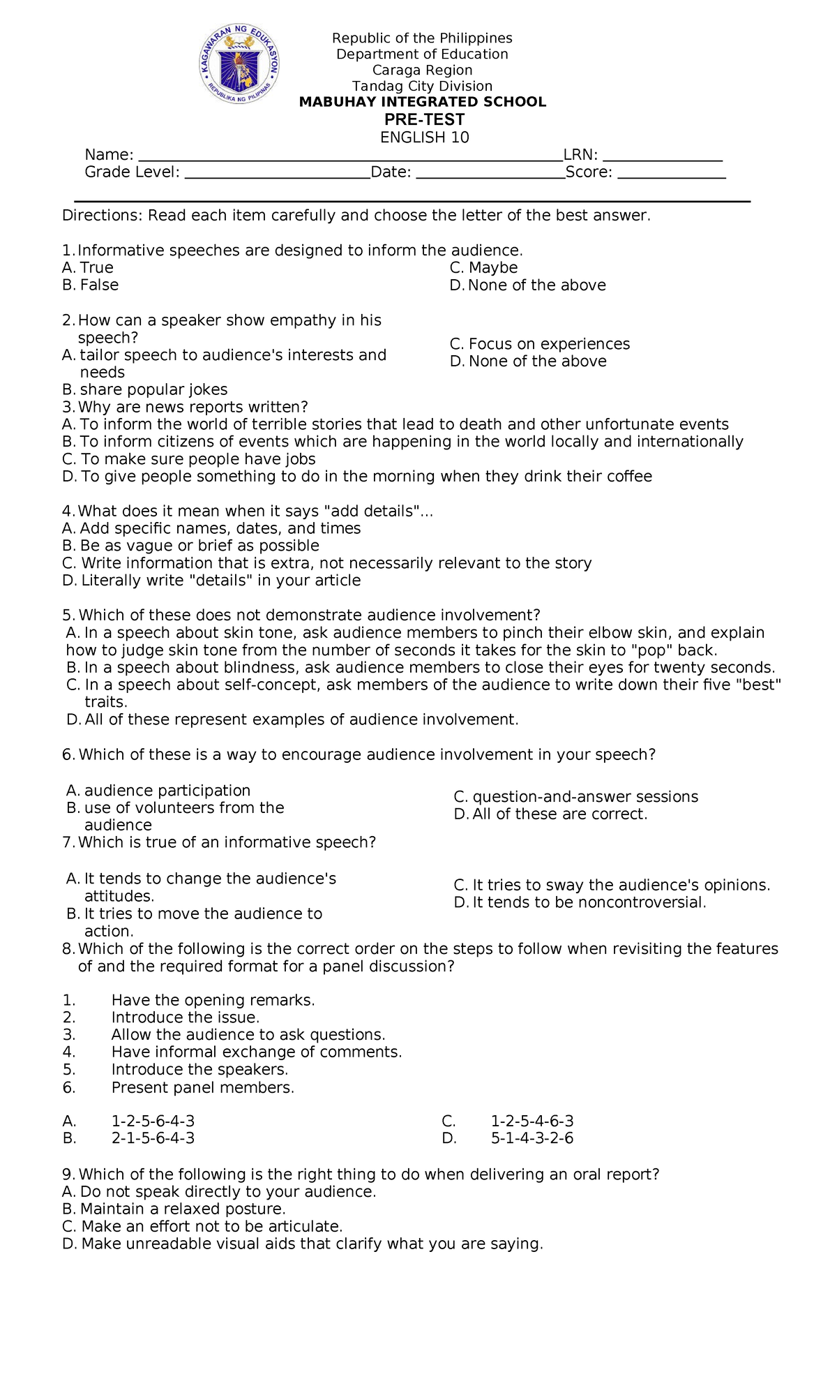 Pre-Test in Grade 10 English (ENG10) - Studocu