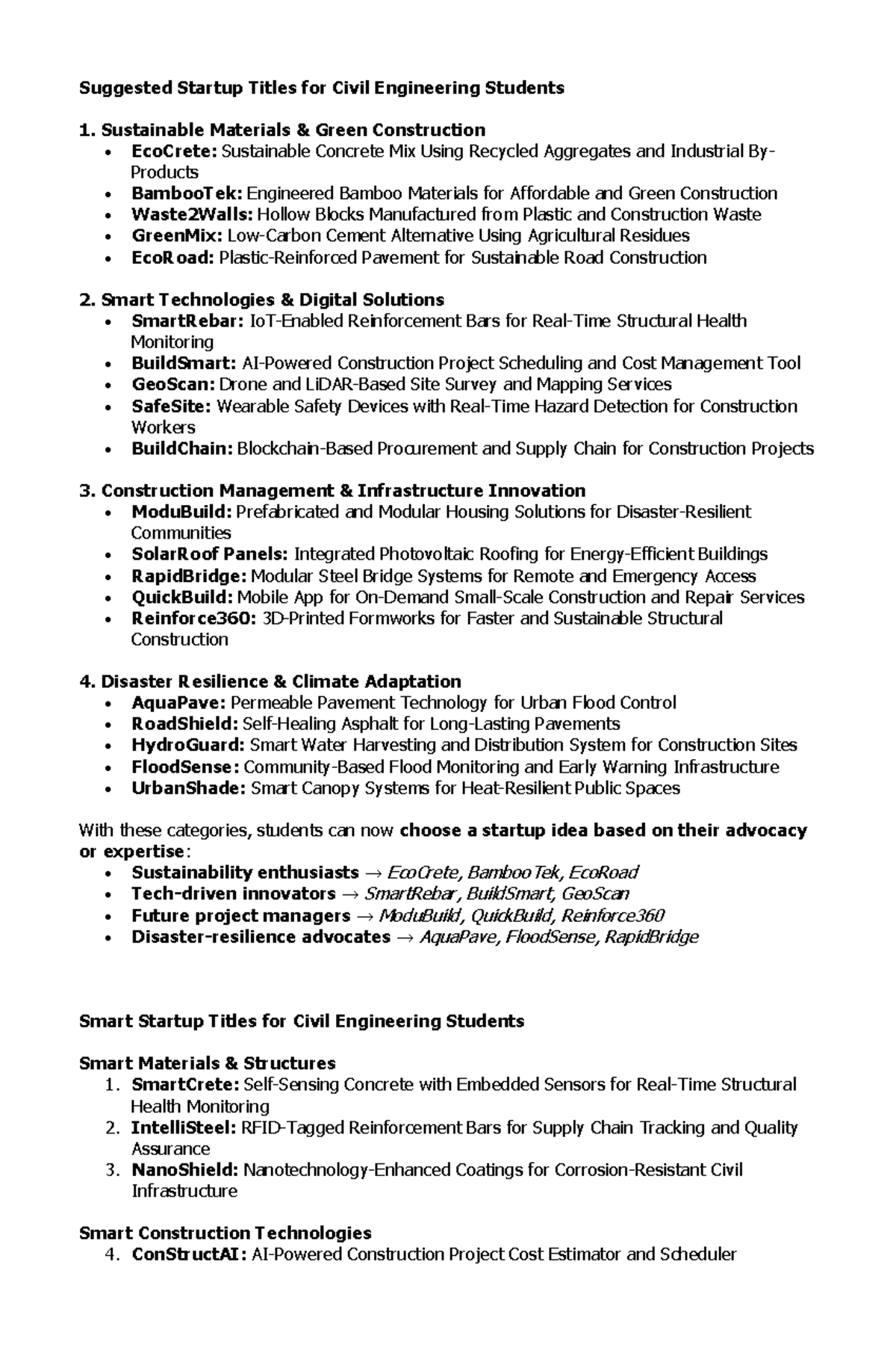 Suggested Startup Ideas for Civil Engineering Students - Studocu