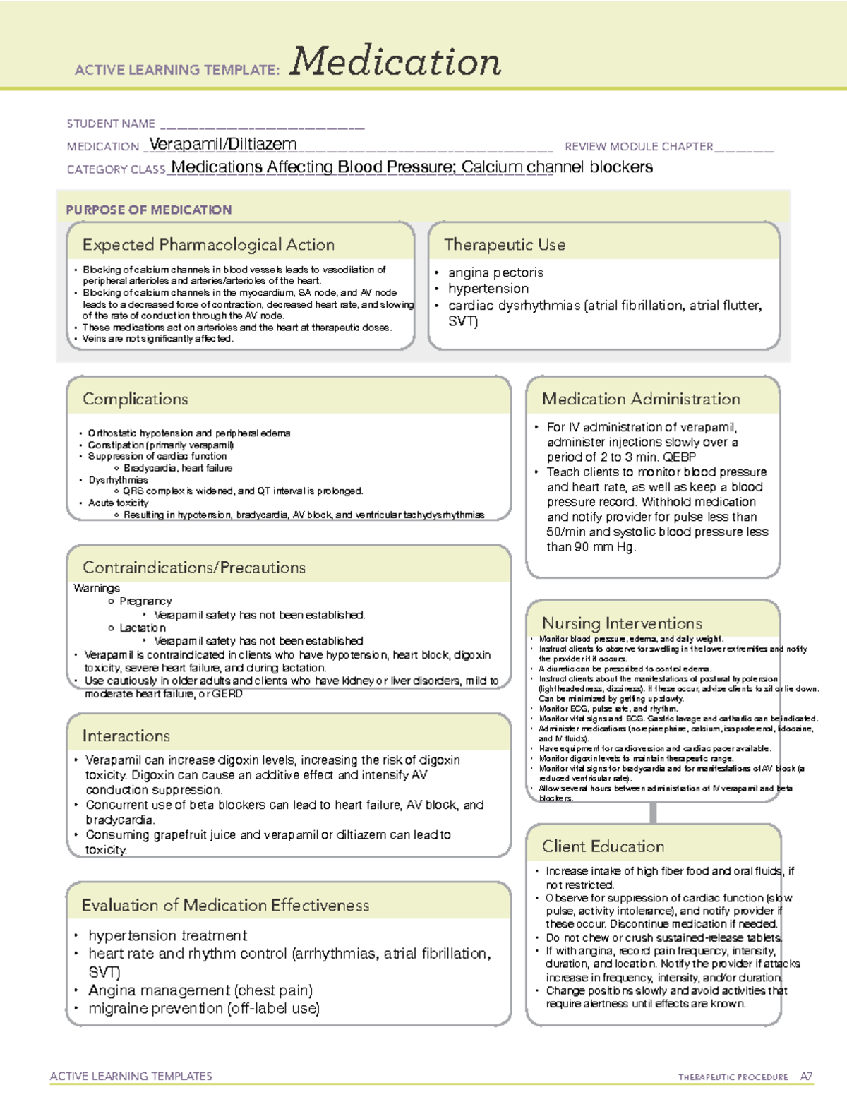 Verapamil - Medication Sheet outlining details about the medication for ...
